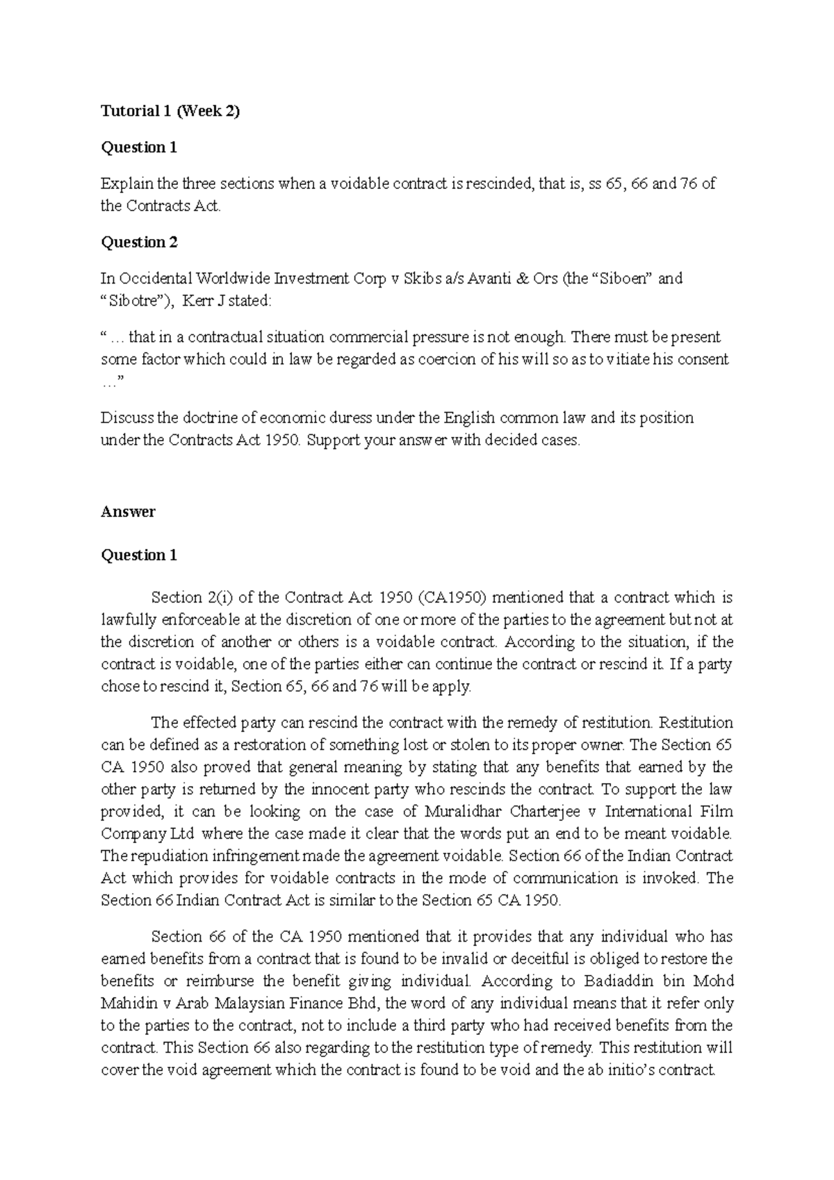 tutorial contract - Tutorial 1 (Week 2) Question 1 Explain the three ...