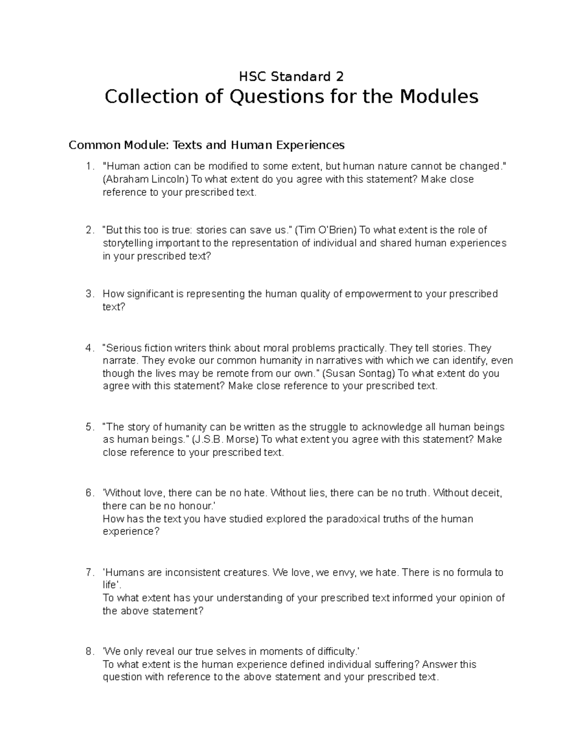 HSC Standard 2 Modules: Question Collection for Texts & Human ...