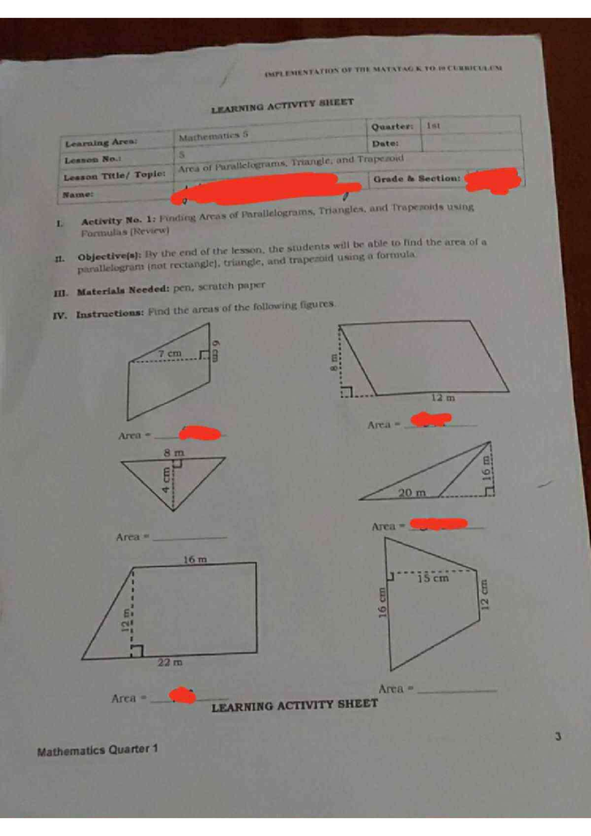Math 5 - Lesson 5: Area of Parallelograms, Triangles, & Trapezoids ...