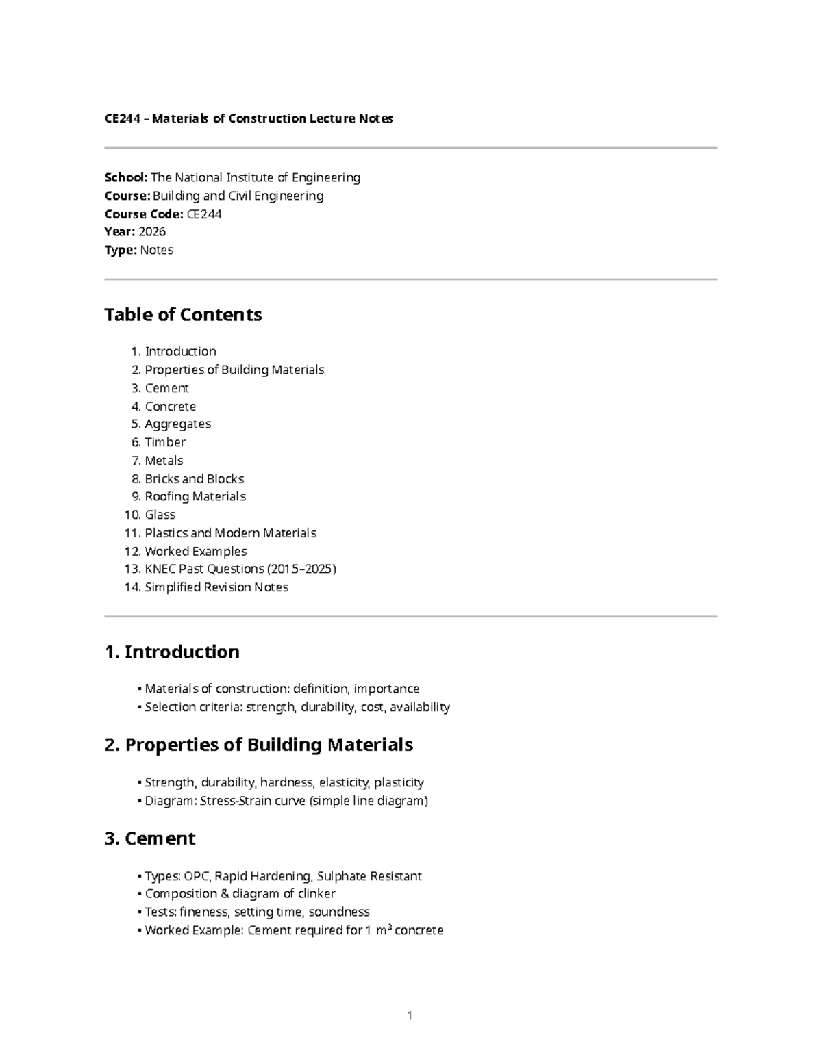 CE244 Materials of Construction Lecture Notes and Revision Guide - Studocu