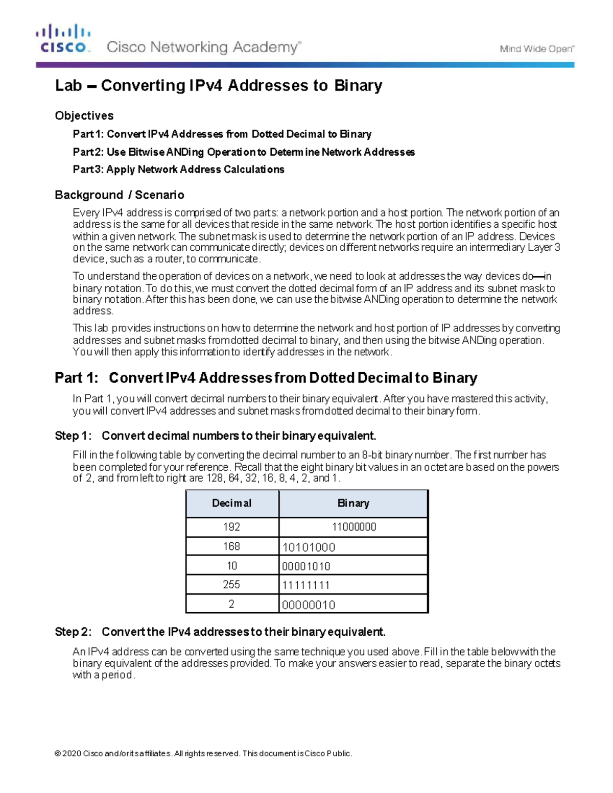 Lab 1: Converting IPv4 Addresses to Binary and Network Addressing - Studocu