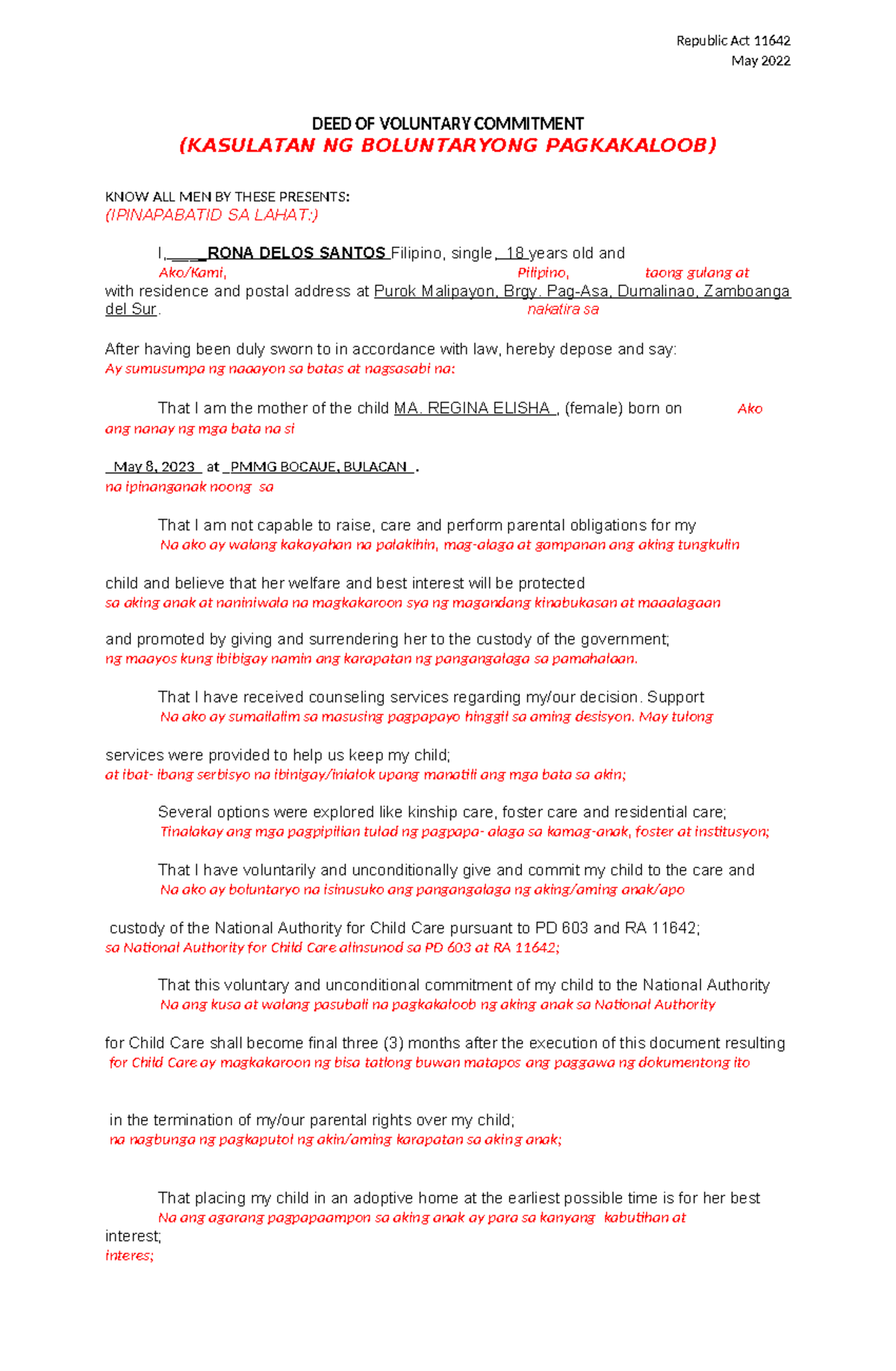 Deed of Voluntary Commitment for Adoption (RA 11642) - Studocu