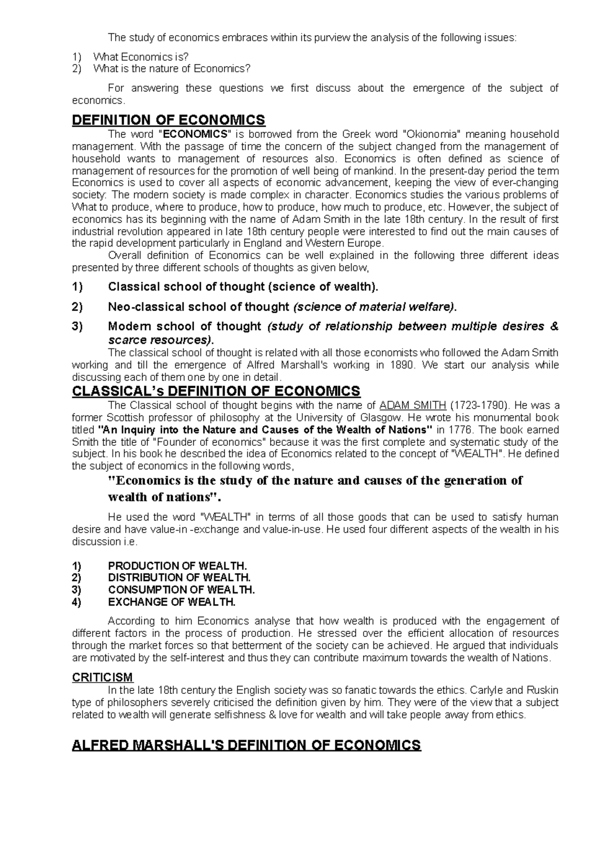 Economics Notes - ####### The study of economics embraces within its ...