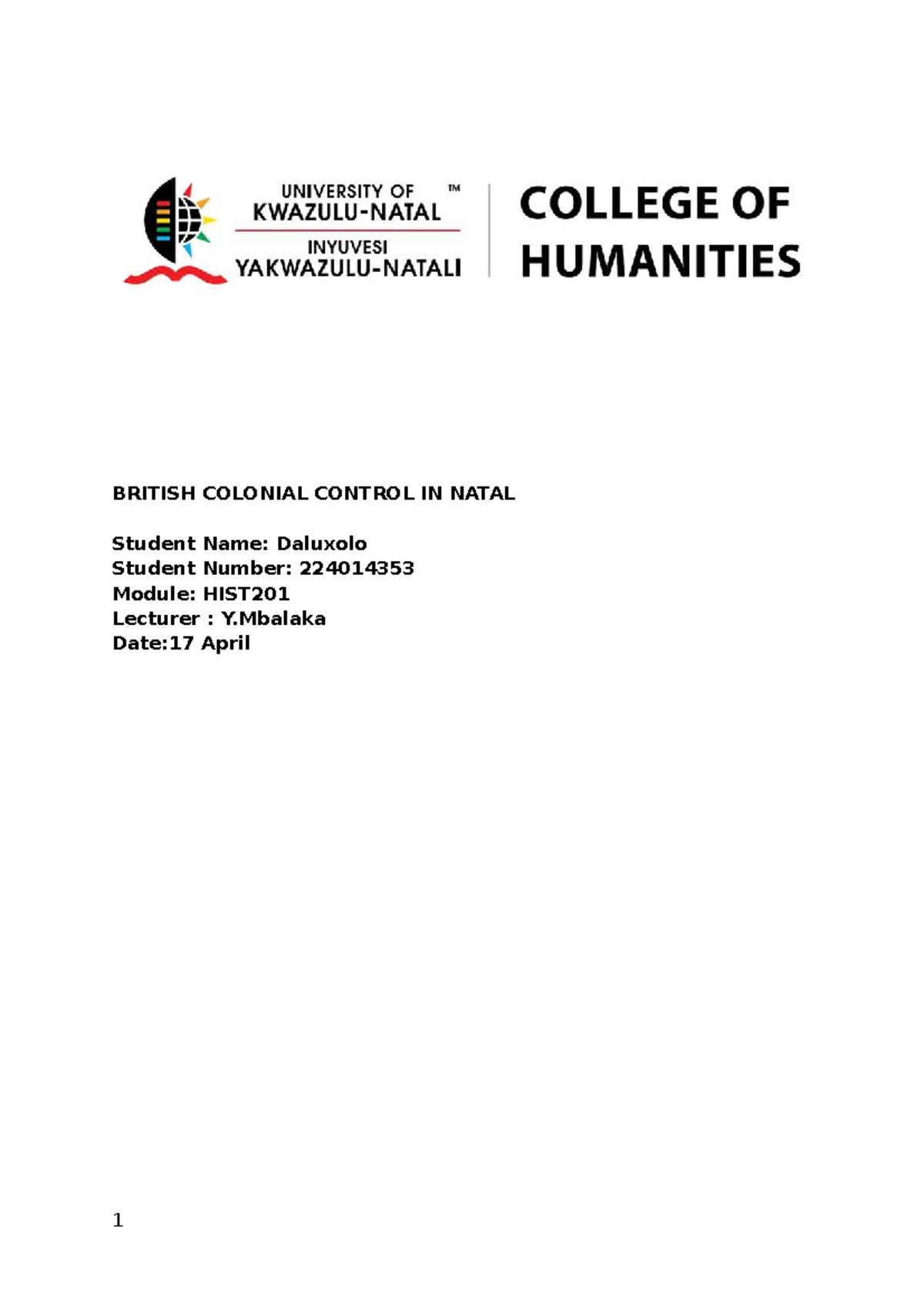 HIST201: British Colonial Control and Its Impact in Natal - Studocu