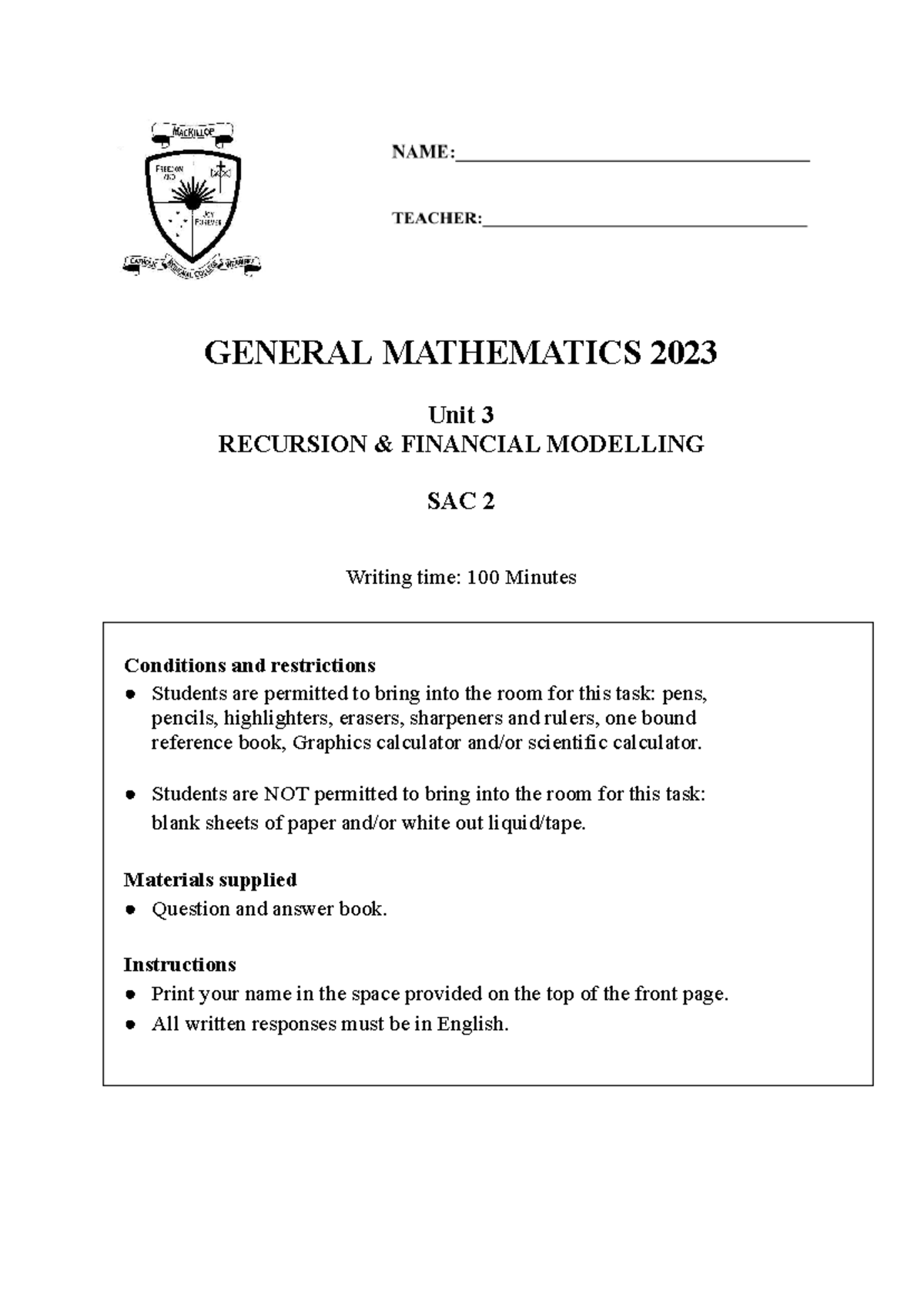 GENERAL MATHEMATICS 2023 Unit 3 Recursion Financial Modelling SAC 2 ...
