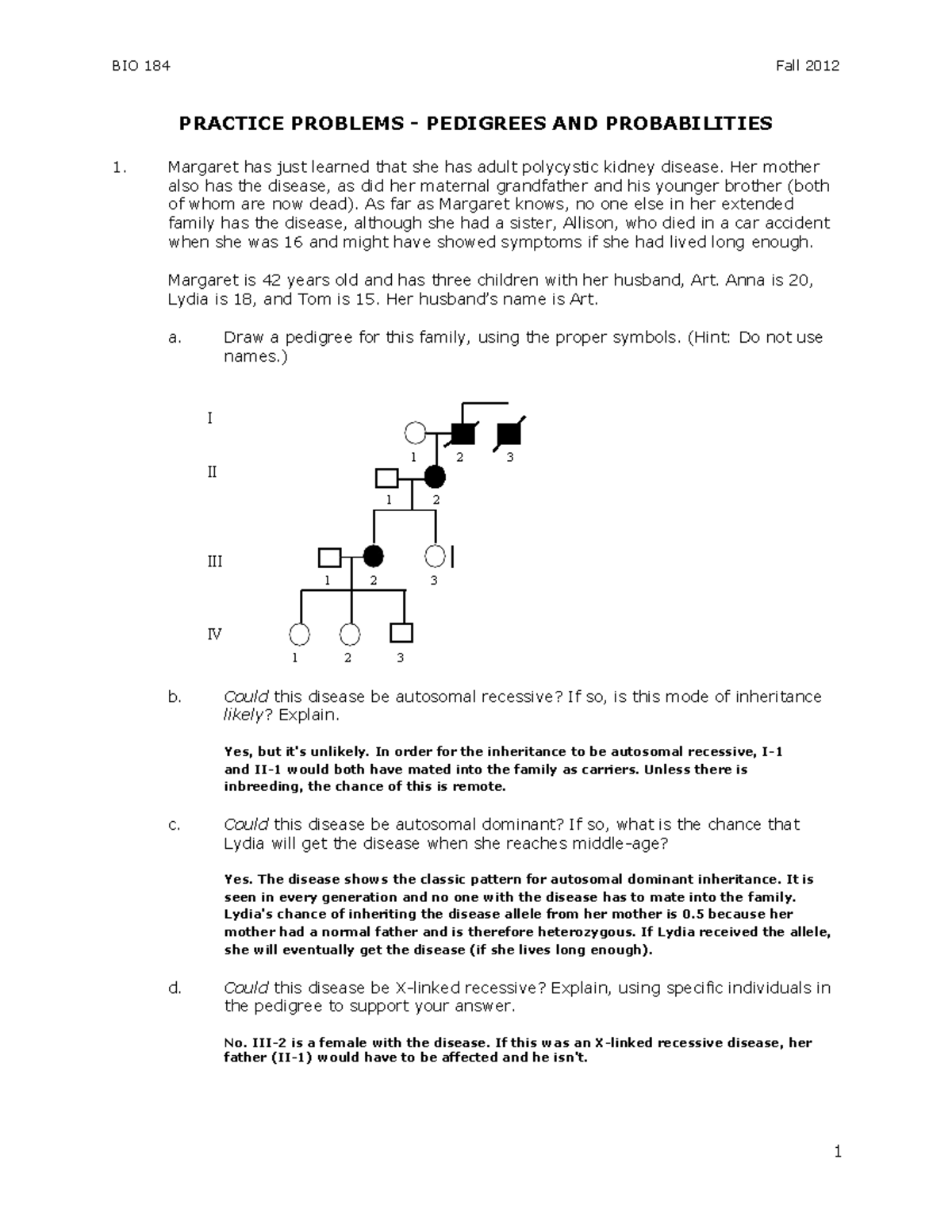 Practice Problems on Pedigrees & Probabilities - Genetics Study Guide ...