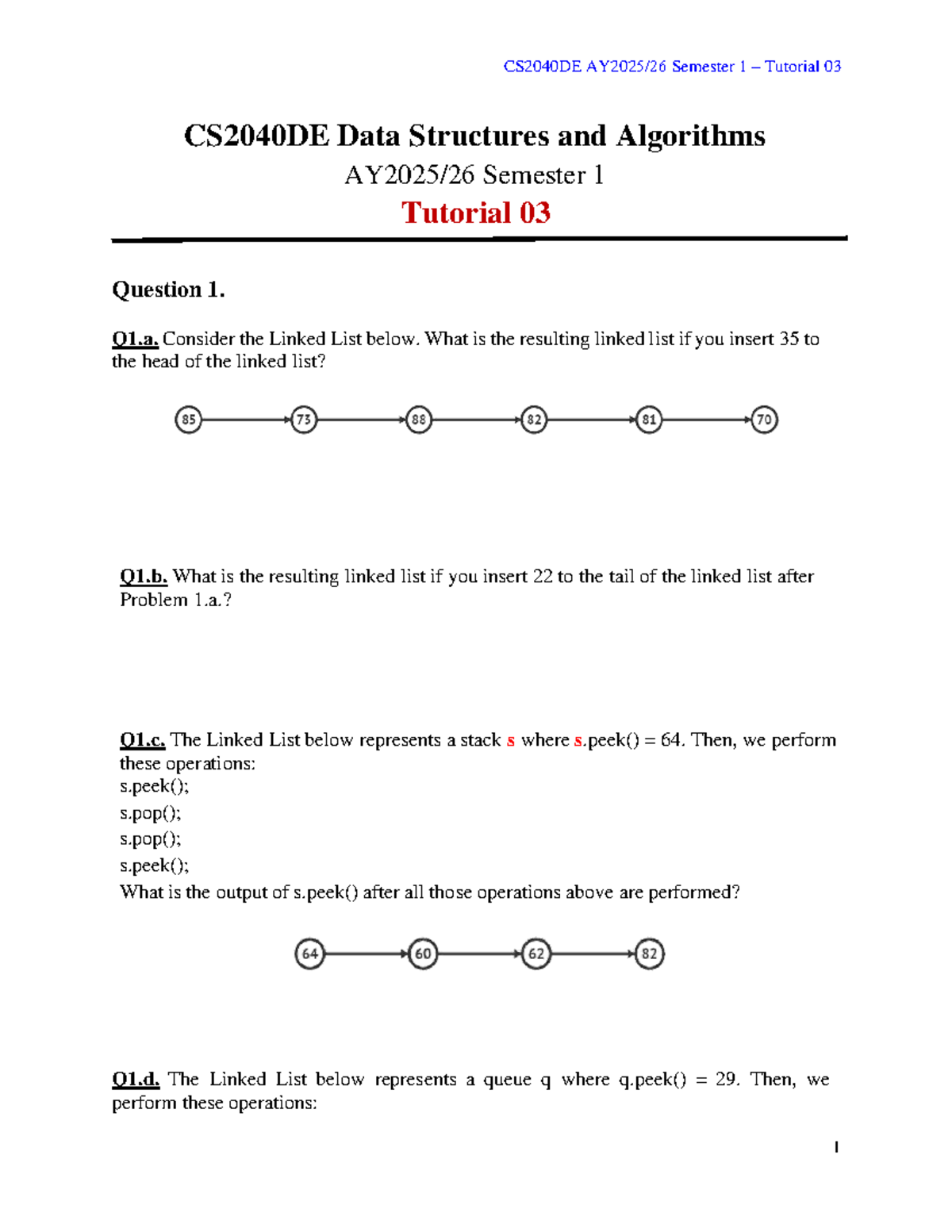 CS2040DE Semester 1 Tutorial 03: Linked Lists & Stack Operations - Studocu