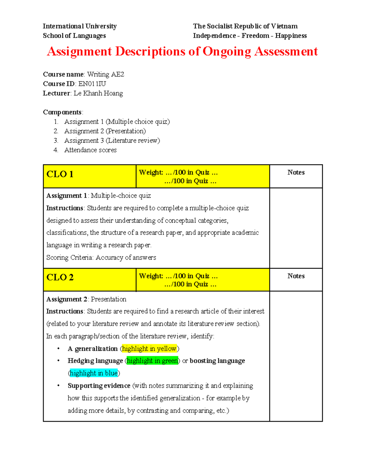 EN011IU Writing AE: Ongoing Assessment Assignment Descriptions - Studocu