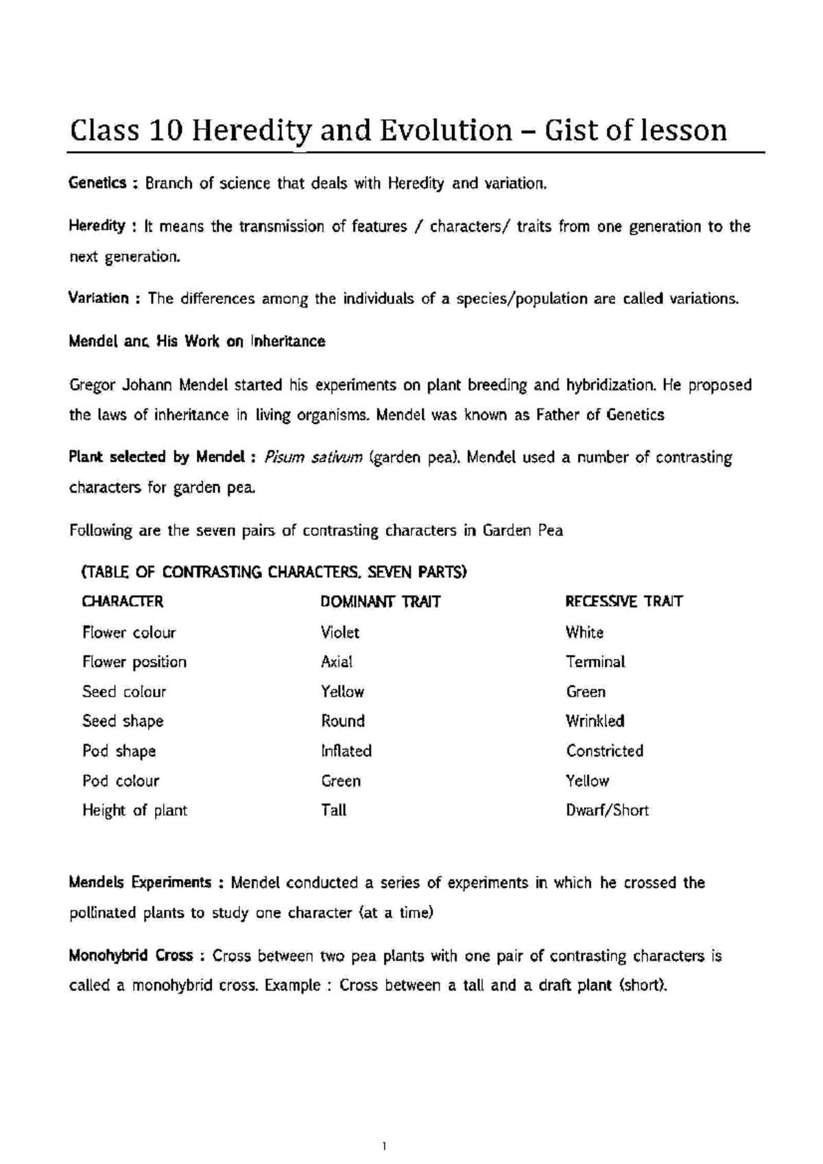 Class 10 Genetics: Heredity and Evolution Overview and Key Concepts ...
