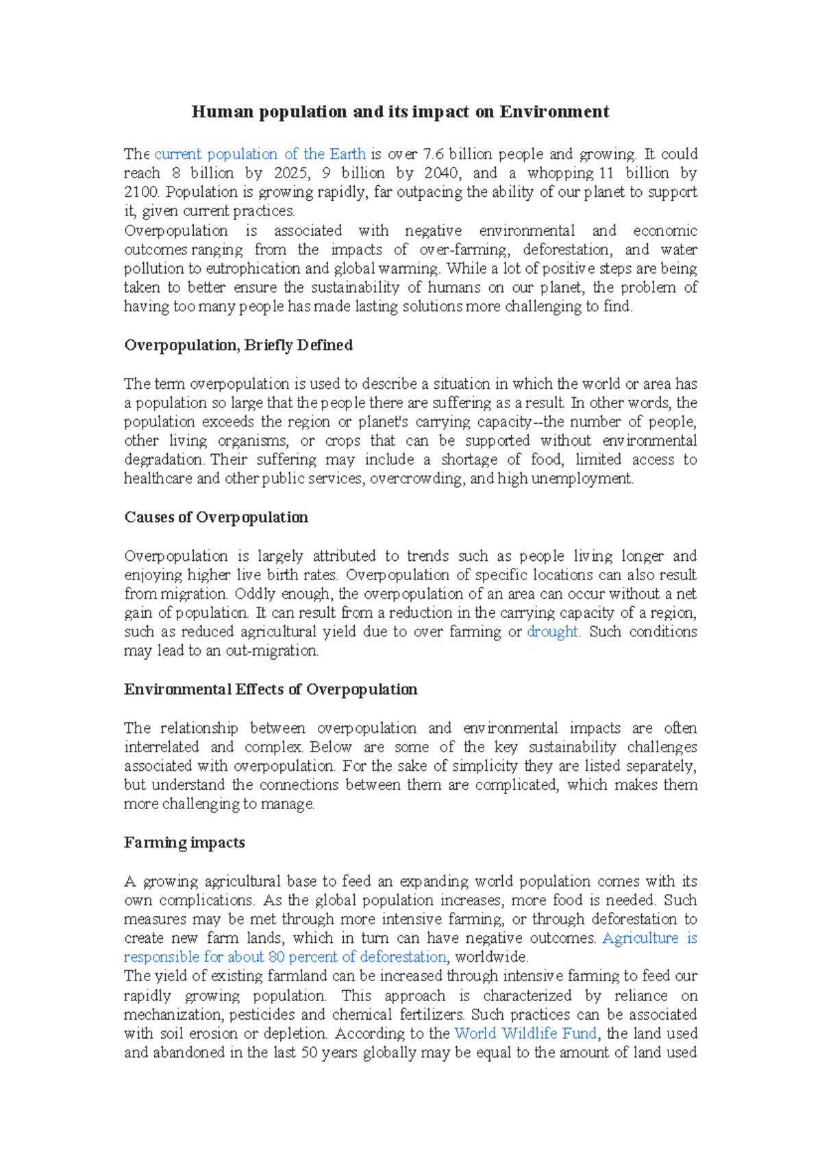 Human Population Growth and Environmental Impact Analysis - Studocu