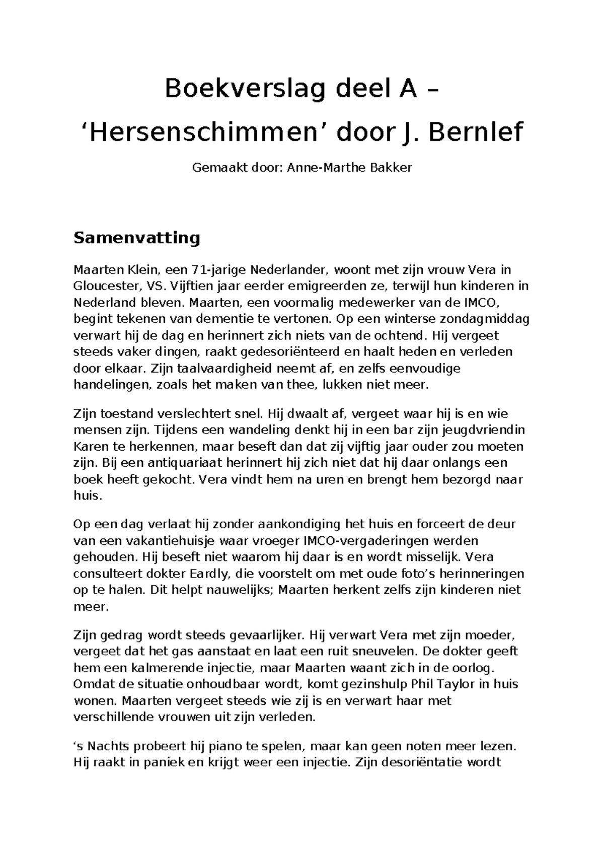 Boekverslag Hersenschimmen (Deel A) door J. Bernlef - Studeersnel