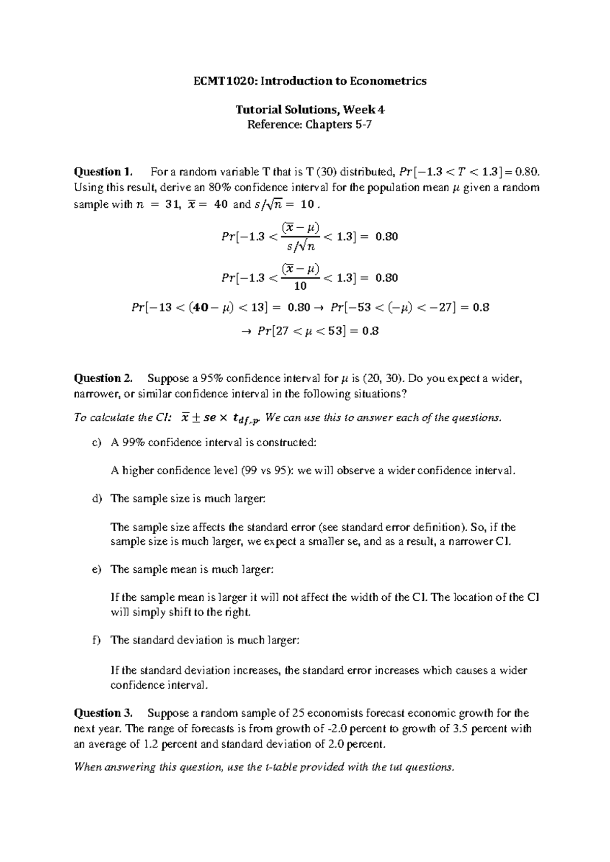 Tutorial Week 4 Solutions - ECMT1020: Introduction to Econometrics ...