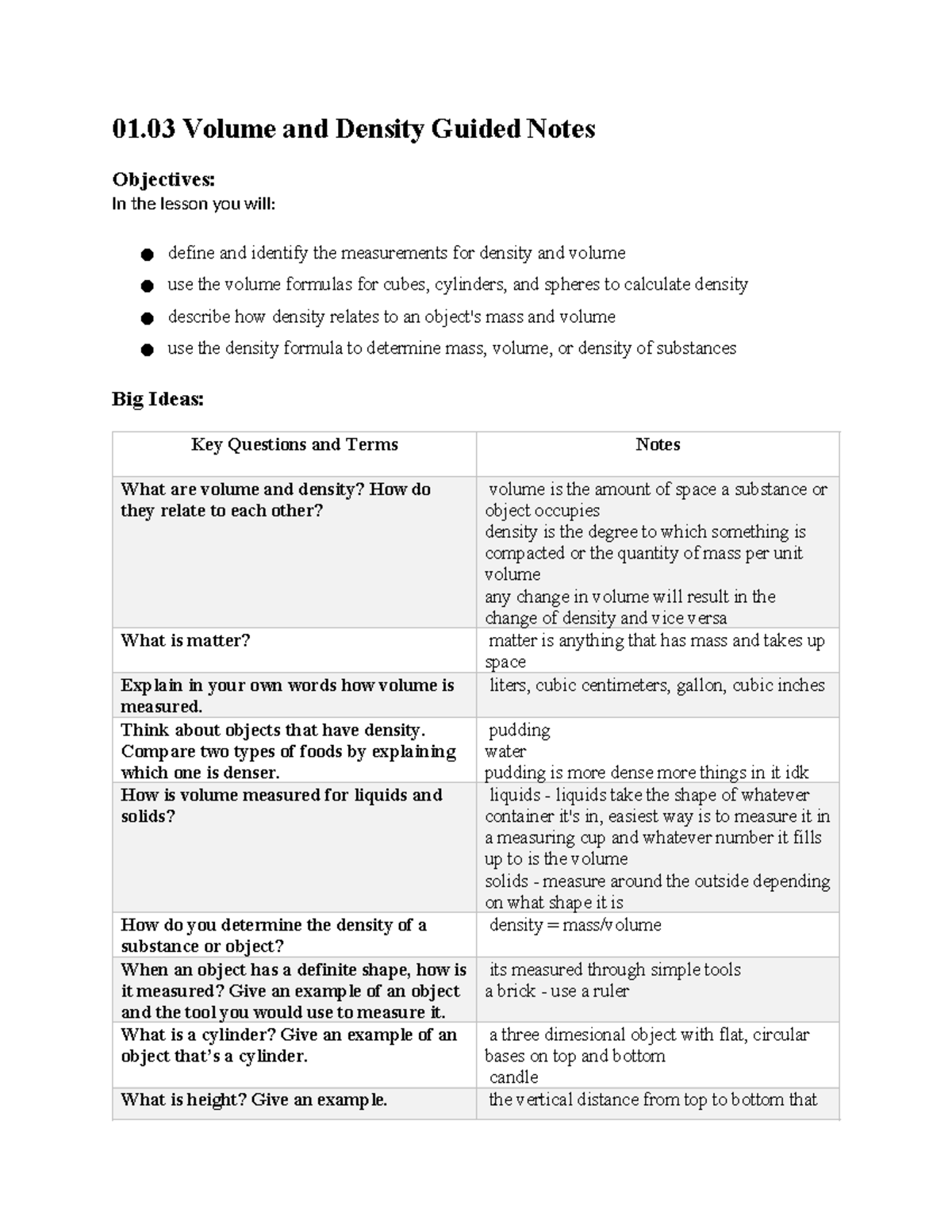 01 03 Volume and Density Guided Notes: Concepts and Calculations - Studocu