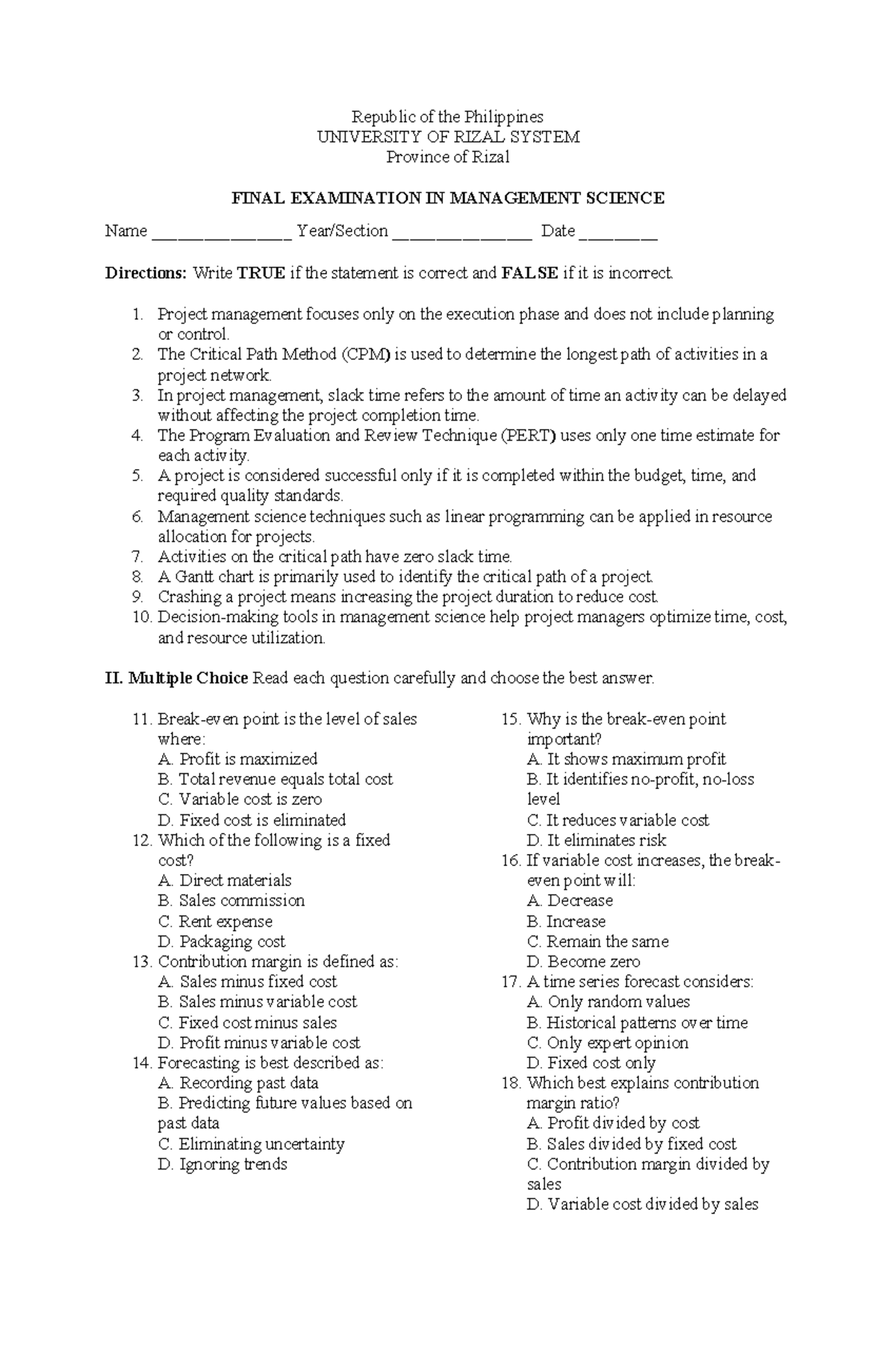 Management Science (MGT 101) Final Exam Review and Practice Questions ...