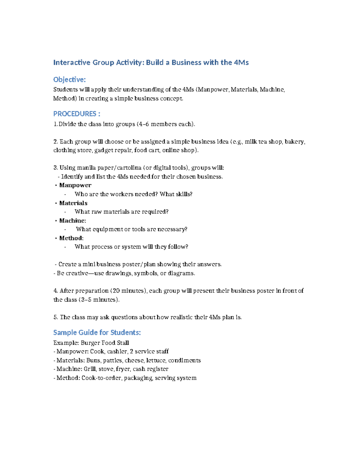 Interactive Group Activity: Business Concept Using 4Ms (INB 305) - Studocu