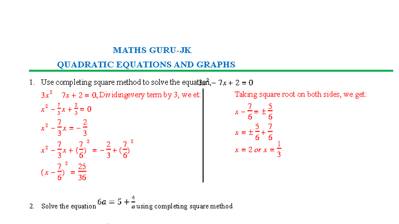 3.1 Quadratic Equation and Expression WORD - MATHS GURU-JK QUADRATIC ...