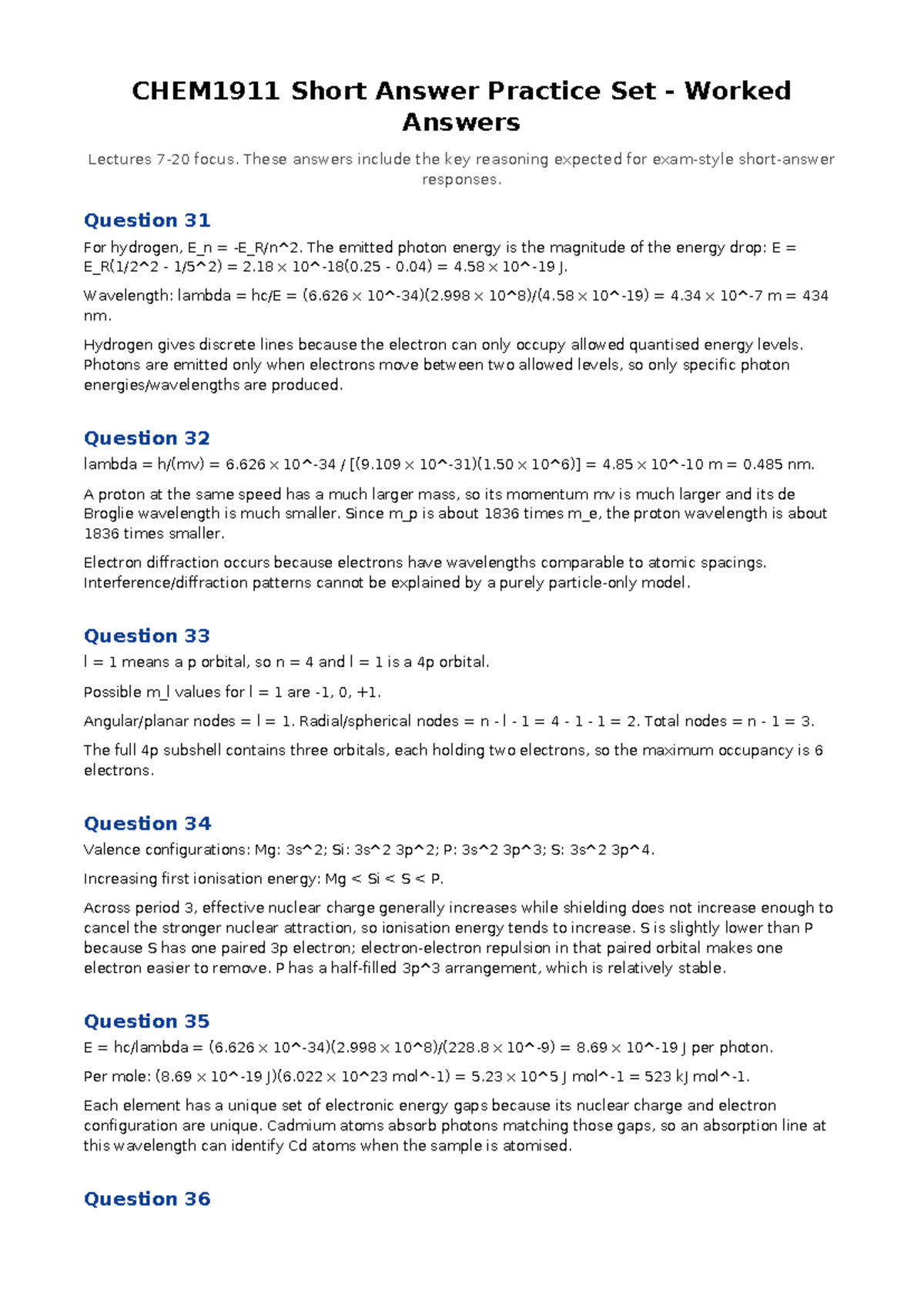CHEM1911 Short Answer Questions Worked Solutions from Lectures 7-20 ...