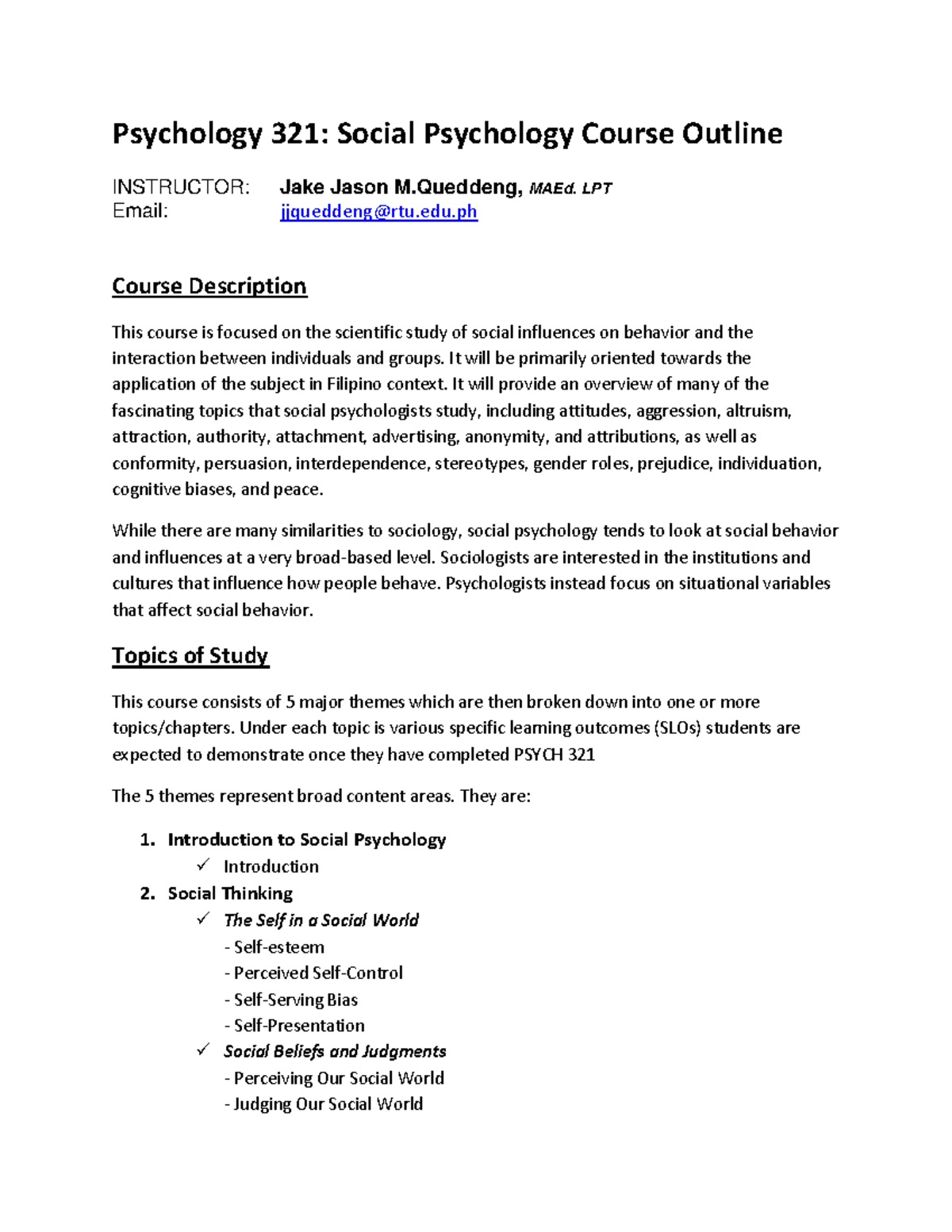 Psychology 321: Comprehensive Course Outline for Social Psychology ...