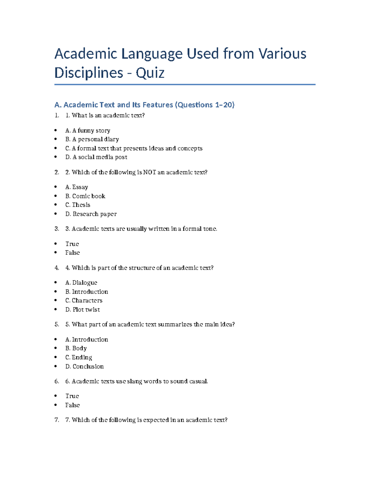 Academic Language Quiz A: 50 Questions Overview - Studocu