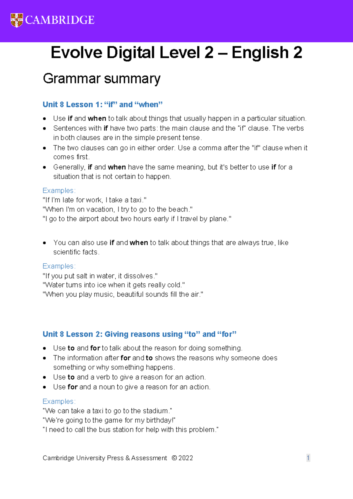 Evolve Digital Level 2 English 2 Grammar Summary: Unit 8 Lessons 1 & 2 ...