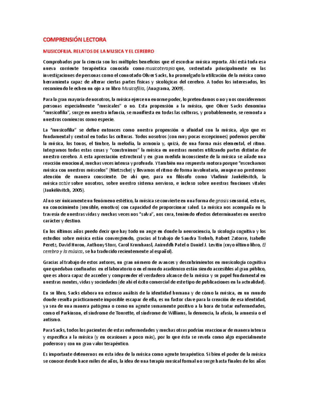 Comprensión Lectora: Musicofilia y su Impacto en la Identidad Humana ...