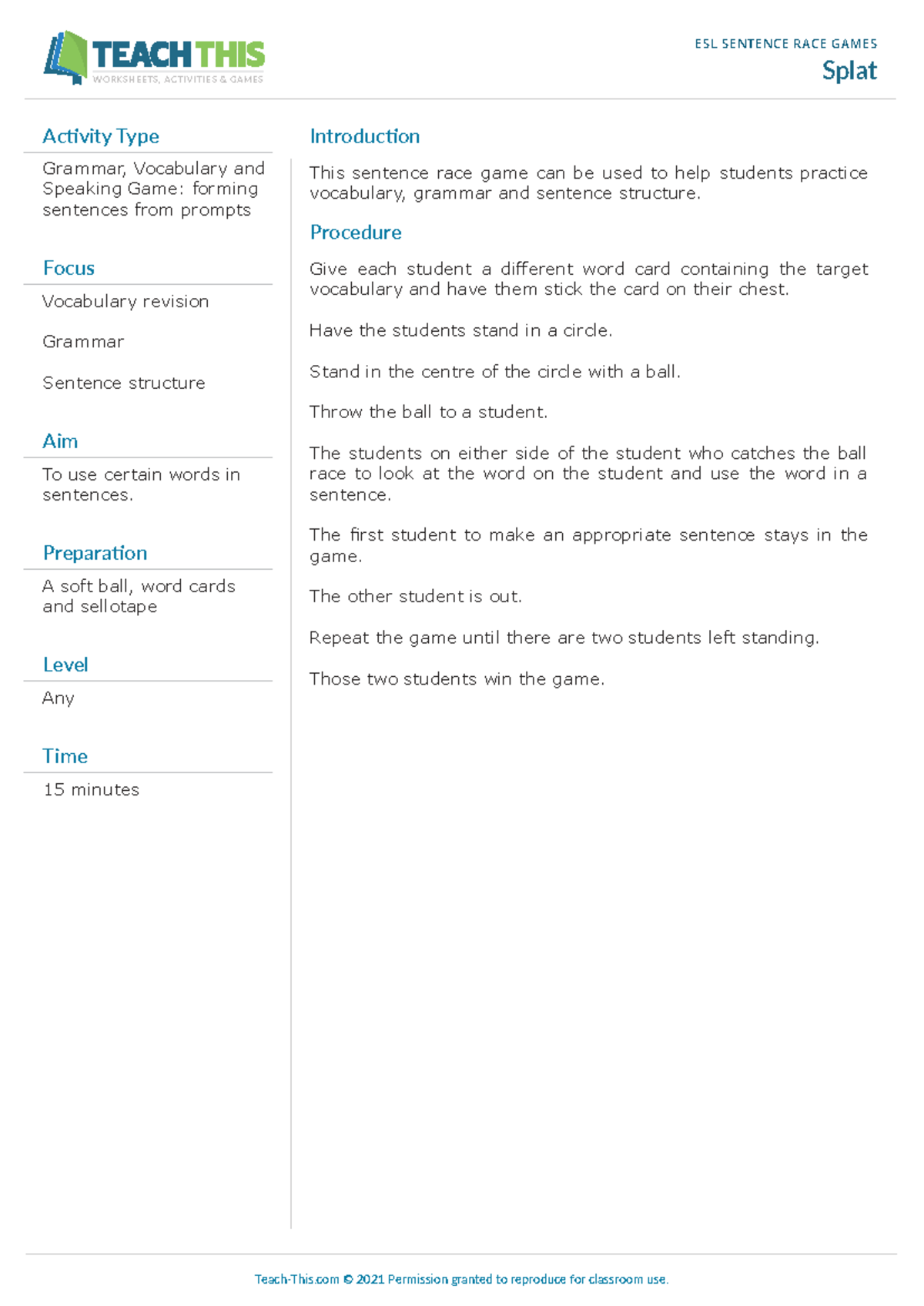 ESL Sentence Race Game: Splat Worksheets & Activities - Studocu