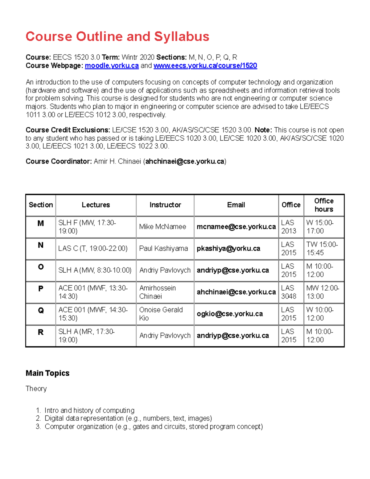 LE EECS 1520 Course Outline - Course Outline and Syllabus Course: EECS 1520 3 Term: Wintr 2020 ...