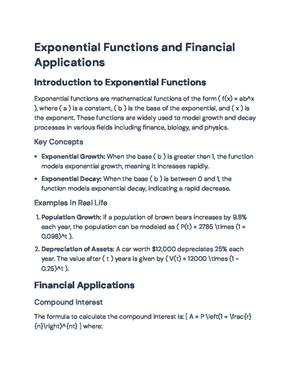 Exponential Functions and Financial Applications: A Student Guide - Studocu