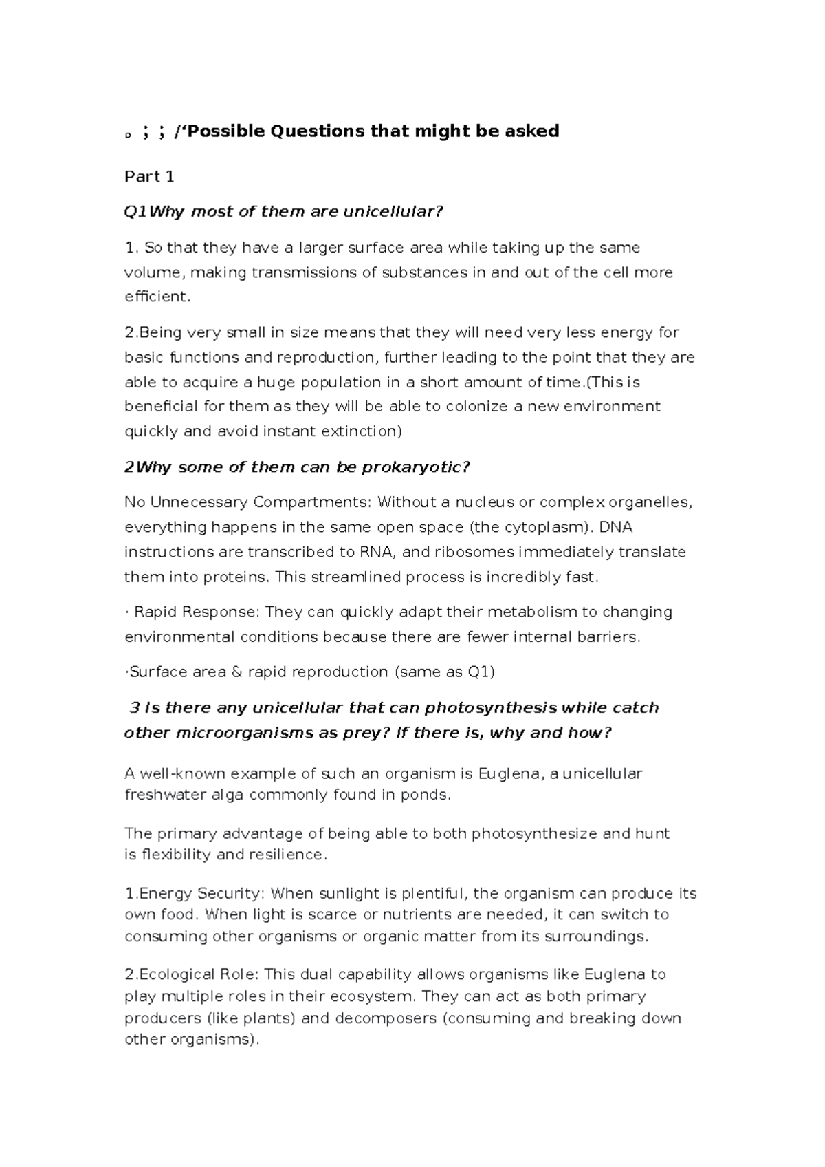 Possible Questions for Biology Presentation (Part 1) - Studocu