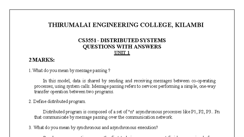 CS3551 - Distributed Systems Question Bank with Key Answers - Studocu