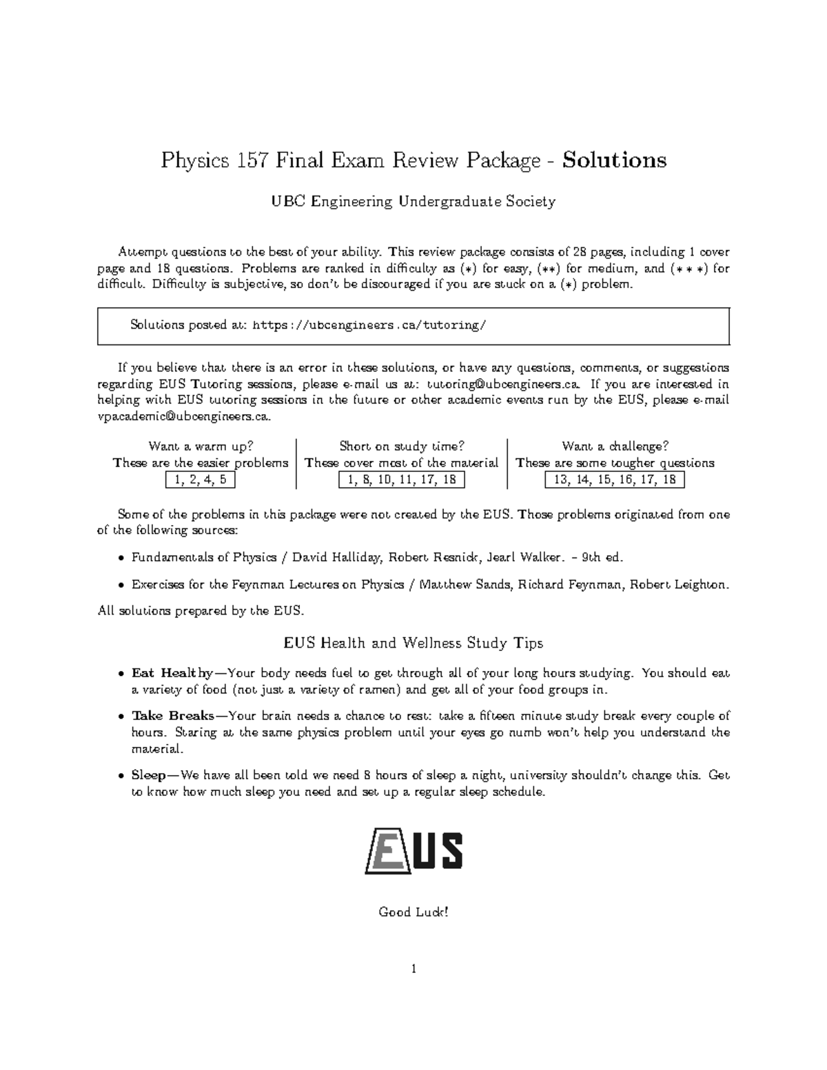 Physics 157 Final Exam Review Package - Solutions & Study Tips - Studocu