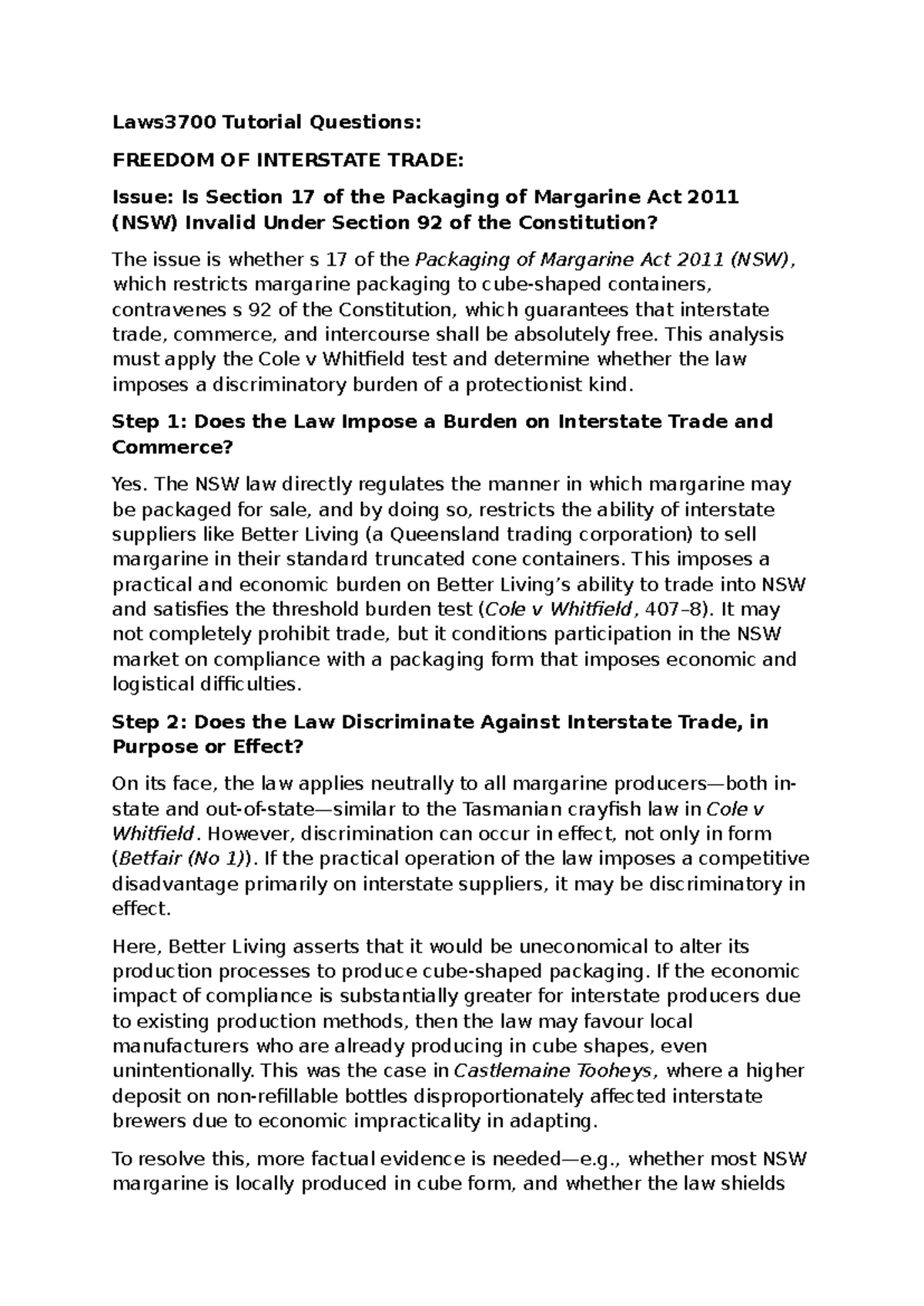 Laws3700 Tutorial Questions: Analyzing Interstate Trade and ...