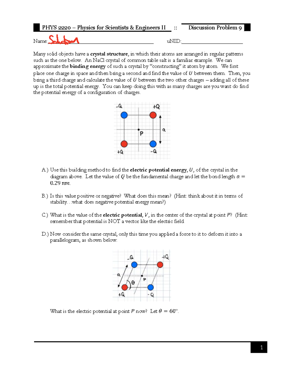 Physics 2220 - Discussion Problem: Electric Potential Energy in ...