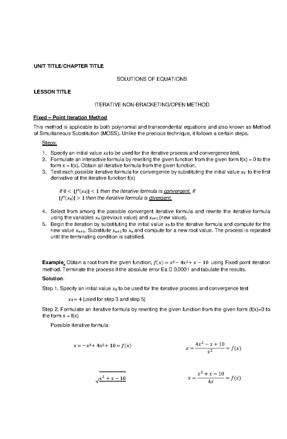 Iterative Non-Bracketing/Open Method: Solutions of Equations Overview ...
