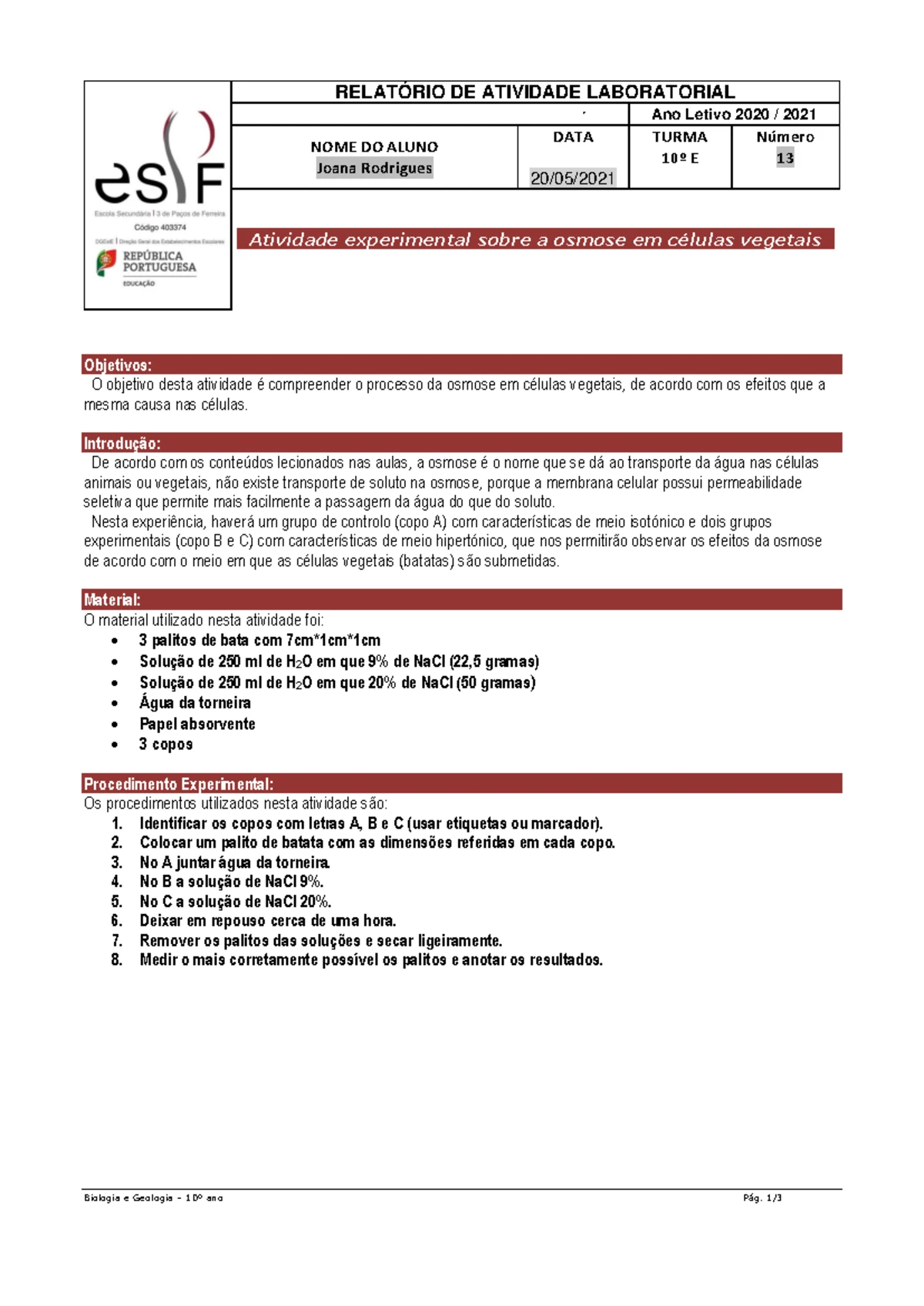 Relatório da atividade experimental sobre a osmose em células vegetais ...