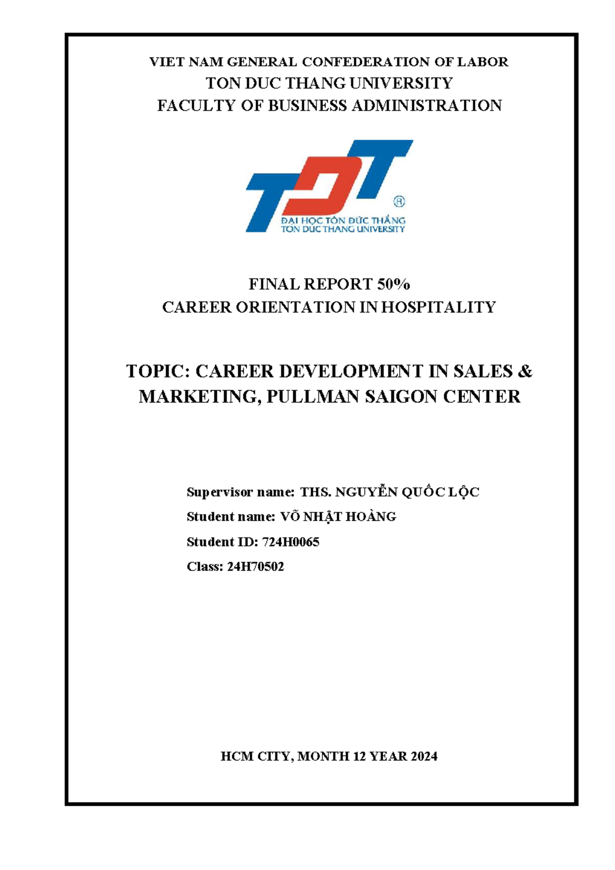 24H70502 Final Report: Career Development in Sales Marketing at Pullman ...