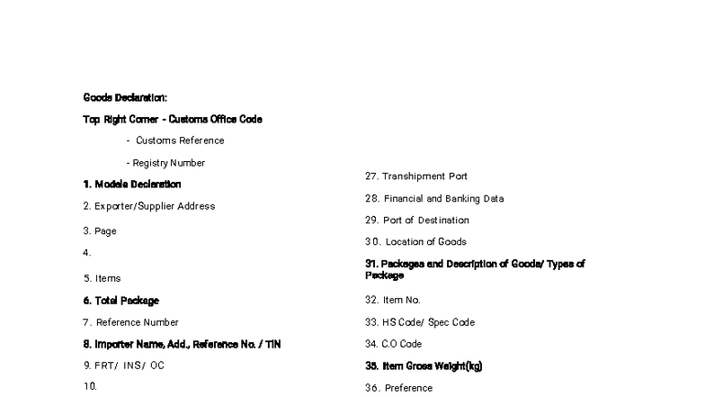 Goods Declaration Overview: Customs Codes & Key Data - Studocu