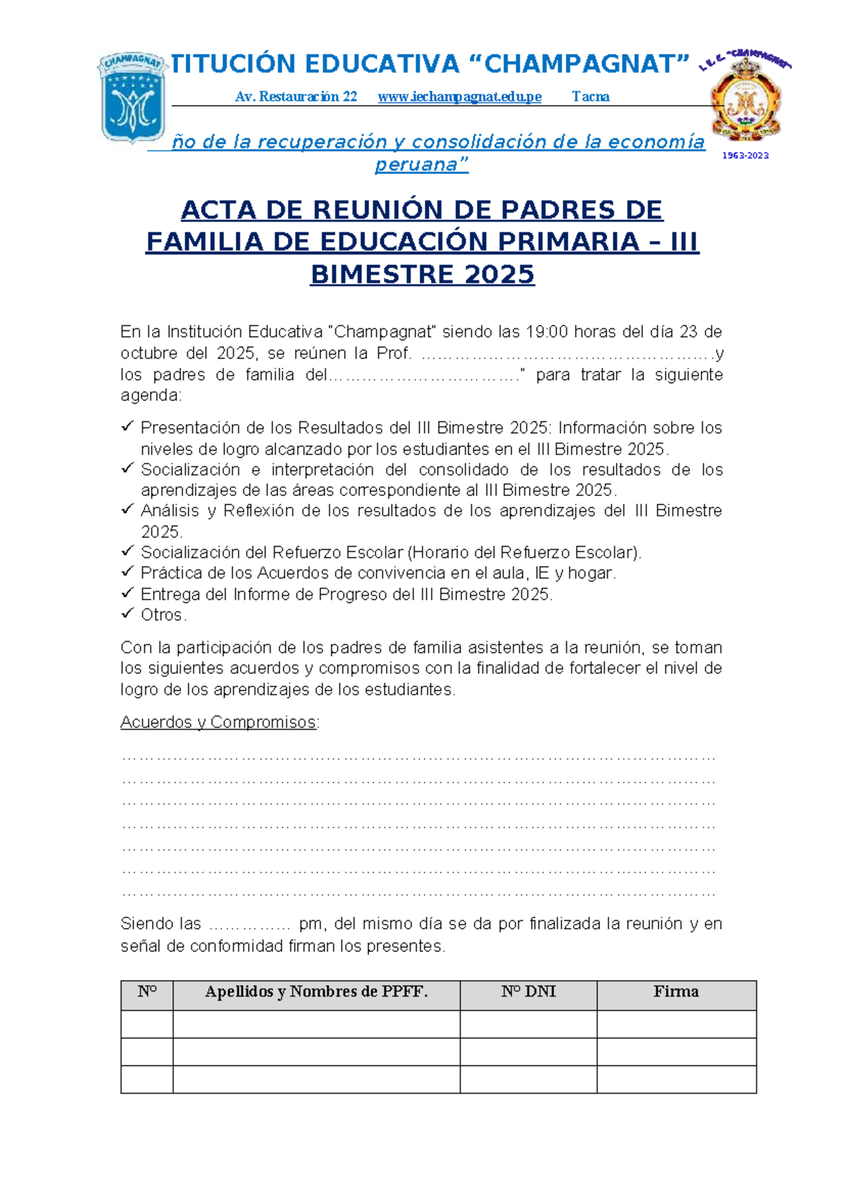 ACTA DE REUNIÓN DE PADRES DE FAMILIA III BIMESTRE 2025 - Studocu