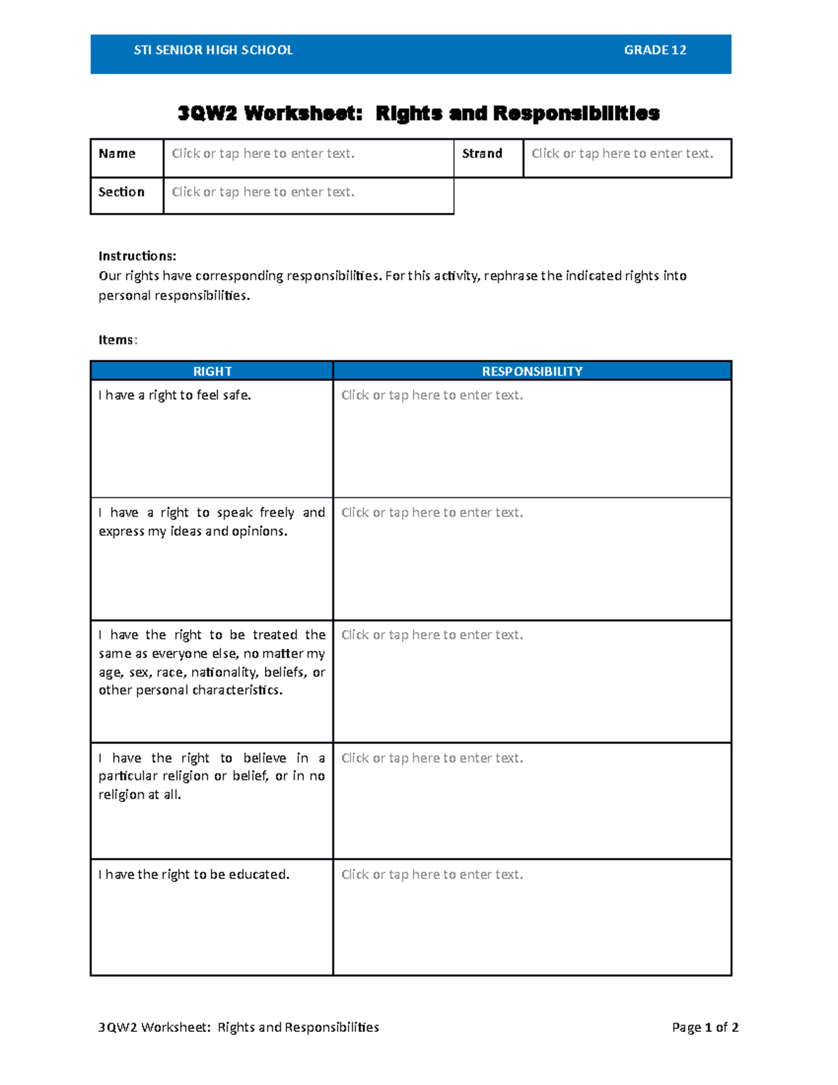 G123QW2 Worksheet - Rights and Responsibilities - 3 QW2 Worksheet ...