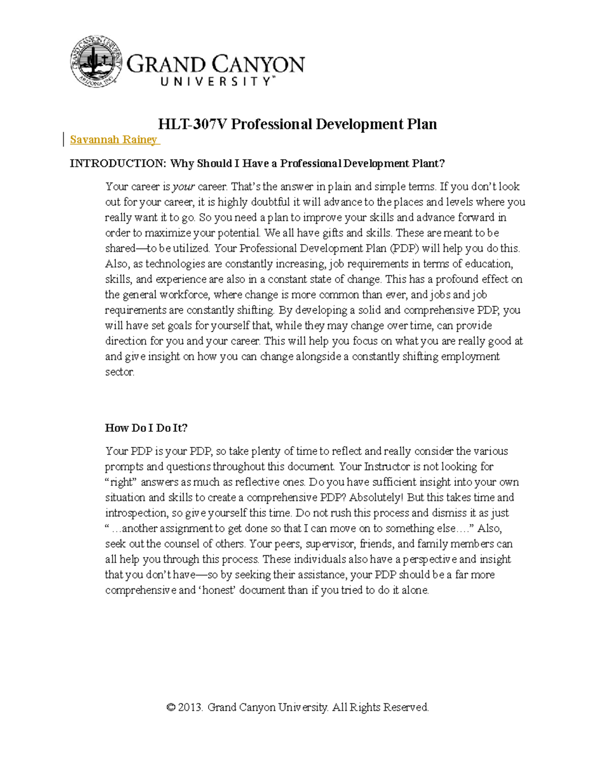 Professional Development Plan Rainey S - HLT-307V Professional ...