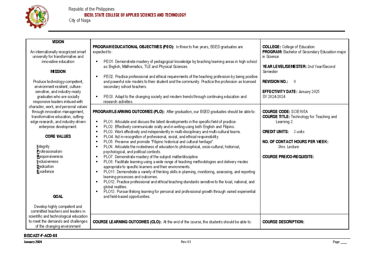 Sci105A Syllabus Technology in Teaching and Learning 2 - BISCAST-F-ACD ...