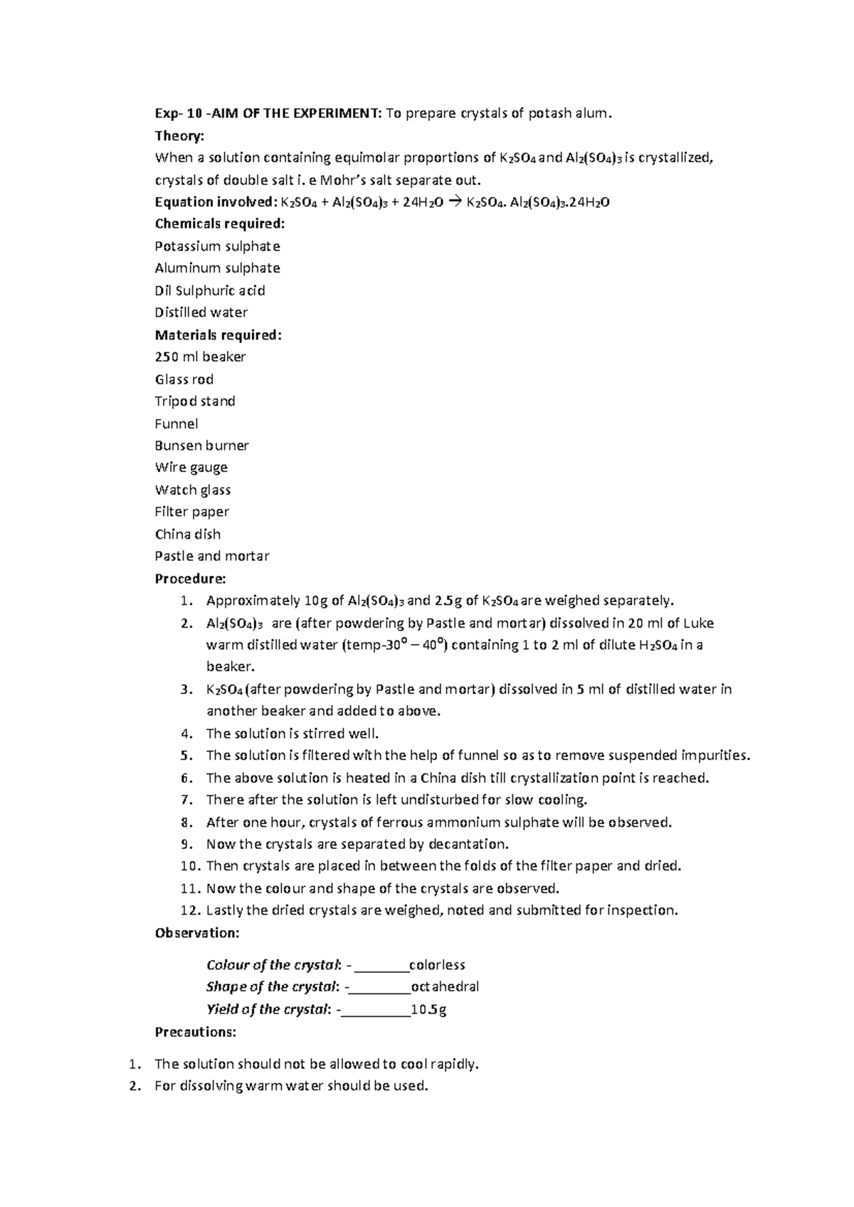 Exp 10 & 11 - Crystallization of Potash Alum & Ferrous Ammonium ...