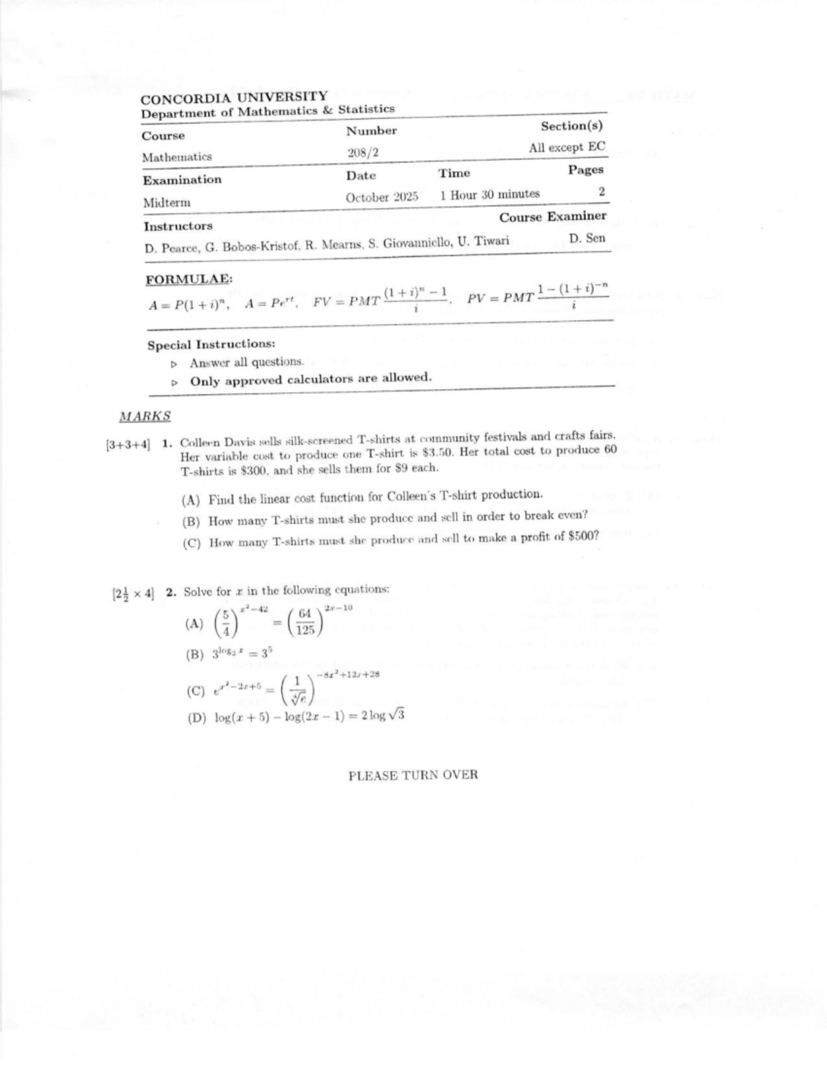 Midterm Exam MATH F2025: Cost Functions & Equations - Studocu