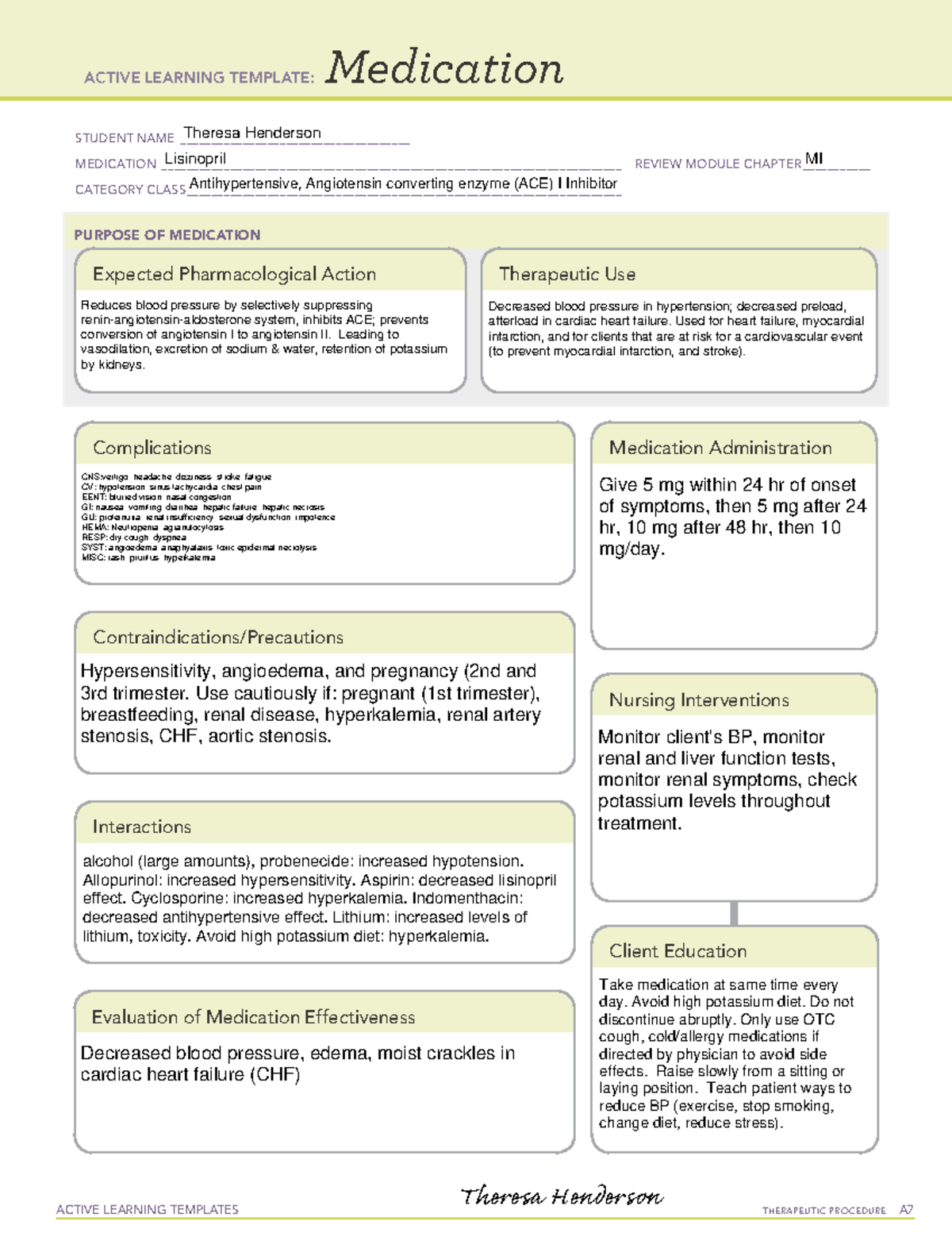 Active Learning Template: Lisinopril Medication Overview - Therapeutic ...