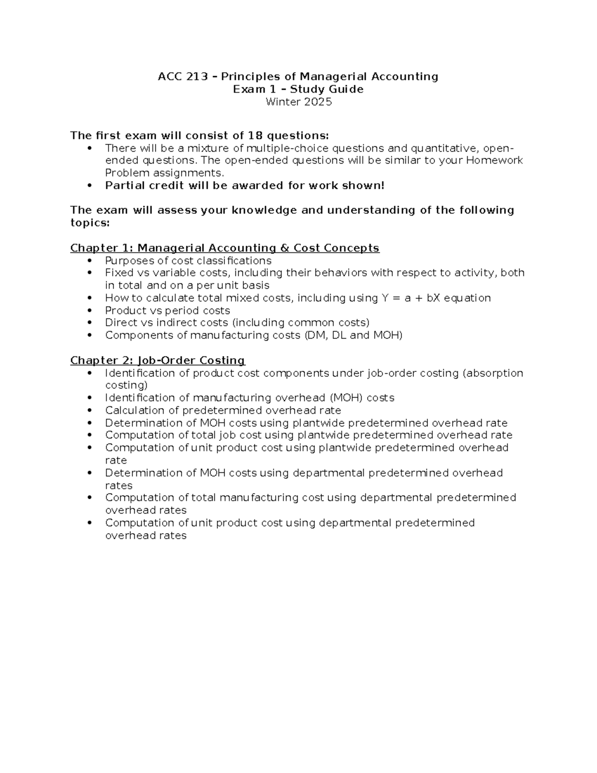 ACC 213 Exam 1 Study Guide: Managerial Accounting Concepts for Winter ...