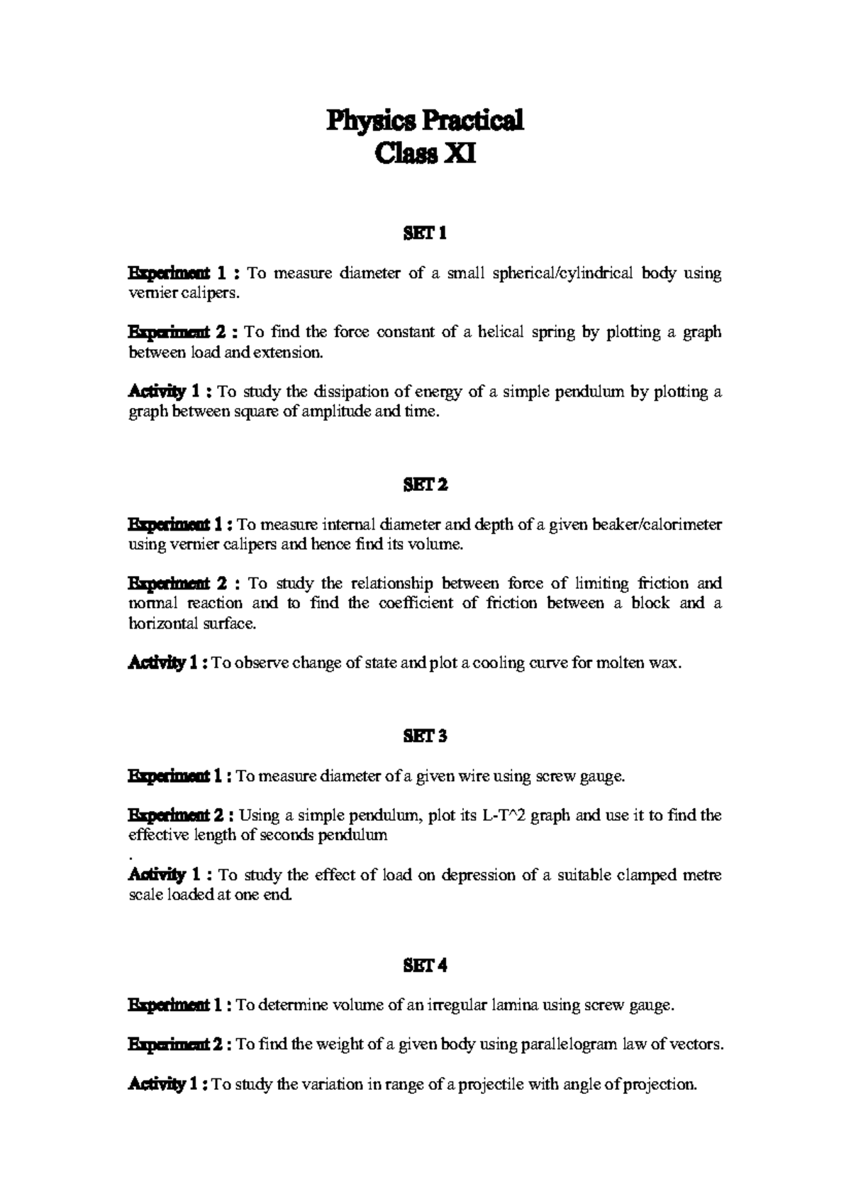 Physics Practical Class XI: Experiments & Activities Overview - Studocu