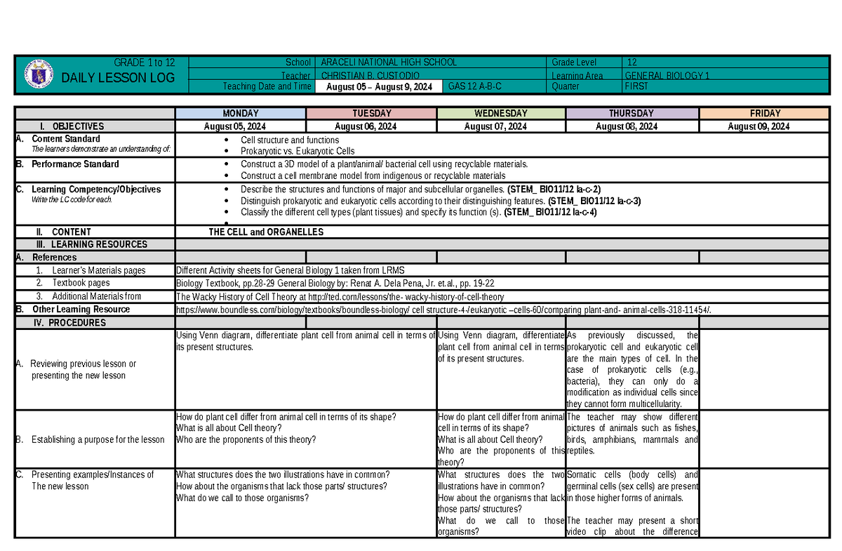 2. DLL- Cell Organelles and Function - GRADE 1 to 12 DAILY LESSON LOG ...