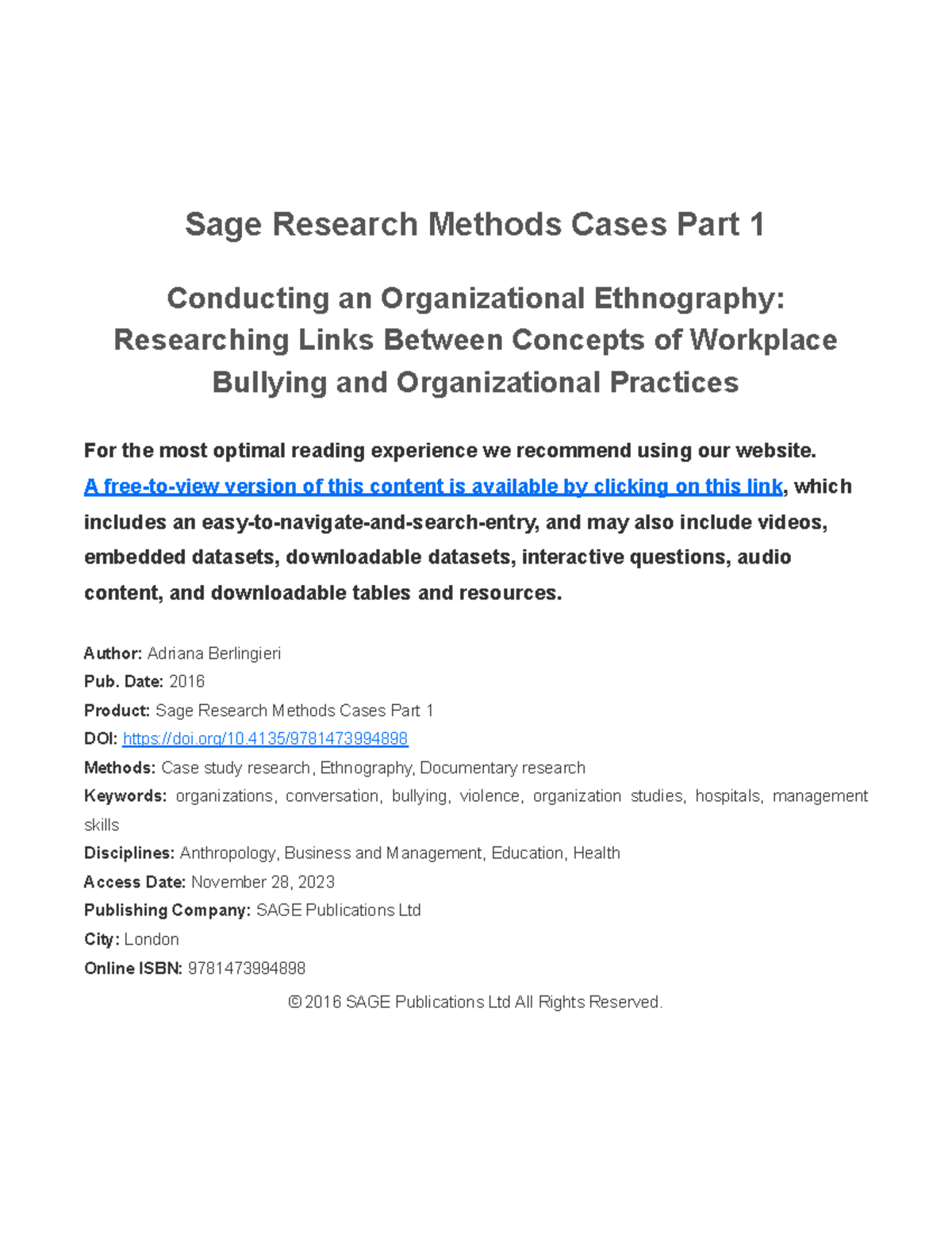 SAGE 2016 Case Study: Organizational Ethnography on Workplace Bullying ...