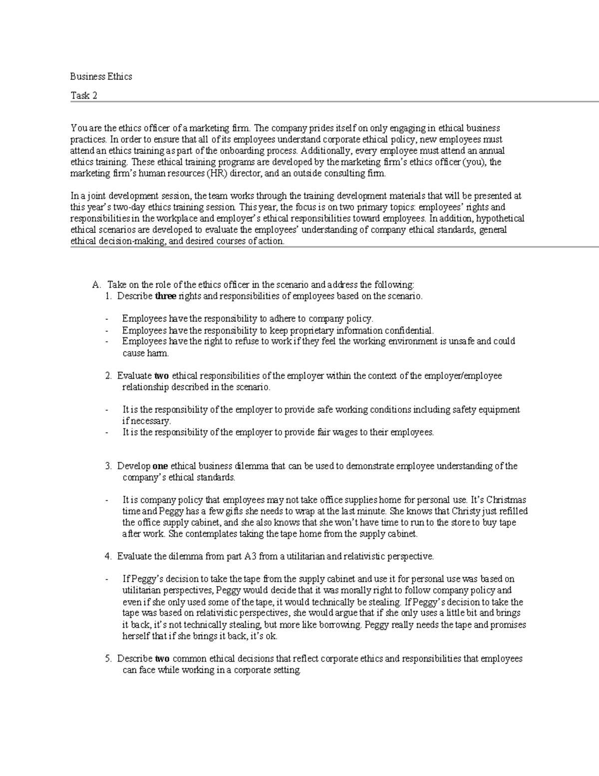 Business Ethics Task 2 - C717 assignment 2 - Business Ethics Task 2 You ...