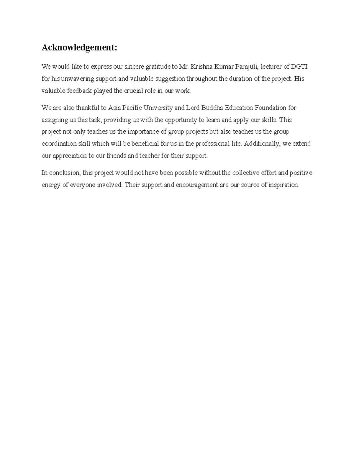 Acknowledgement of Support - Project Gratitude - DGTI - Studocu